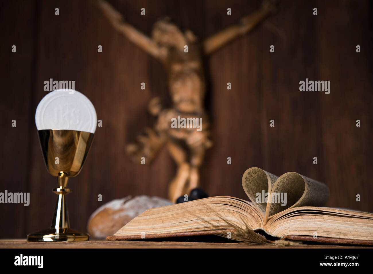 Eucharist symbol of bread and wine, chalice and host, First communion ...
