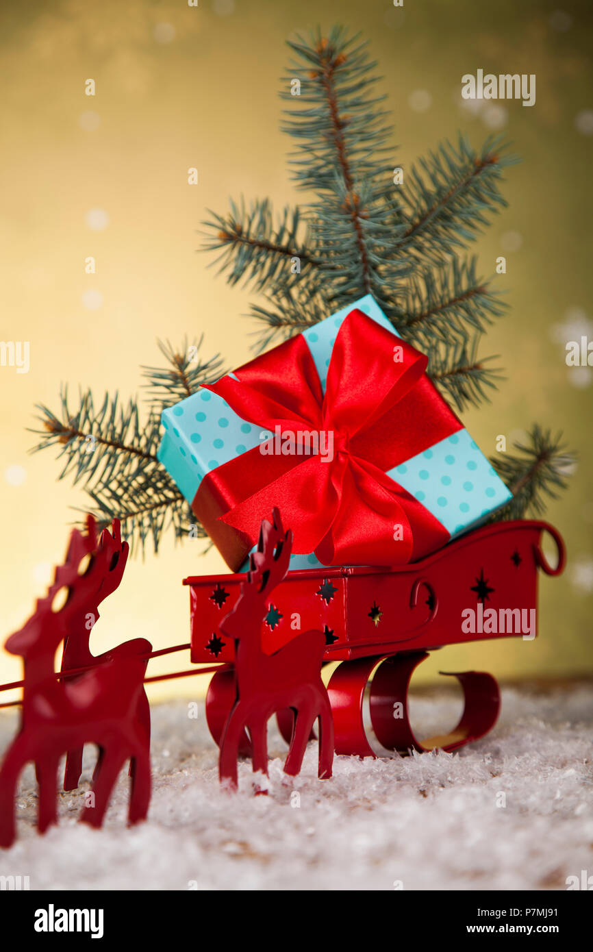 Christmas, Santa sleigh on gift box background Stock Photo - Alamy