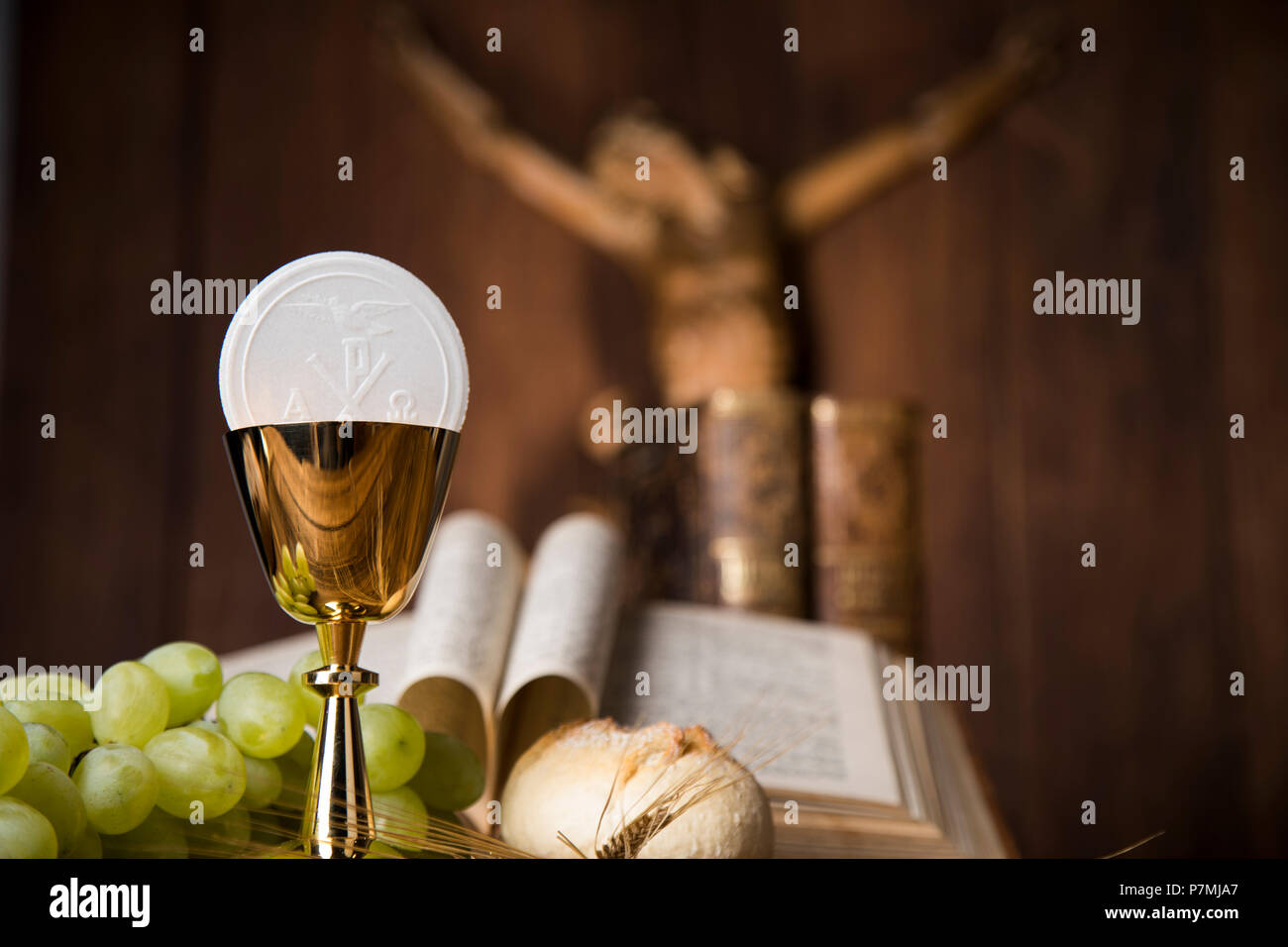 Eucharist symbol of bread and wine, chalice and host, First communion ...