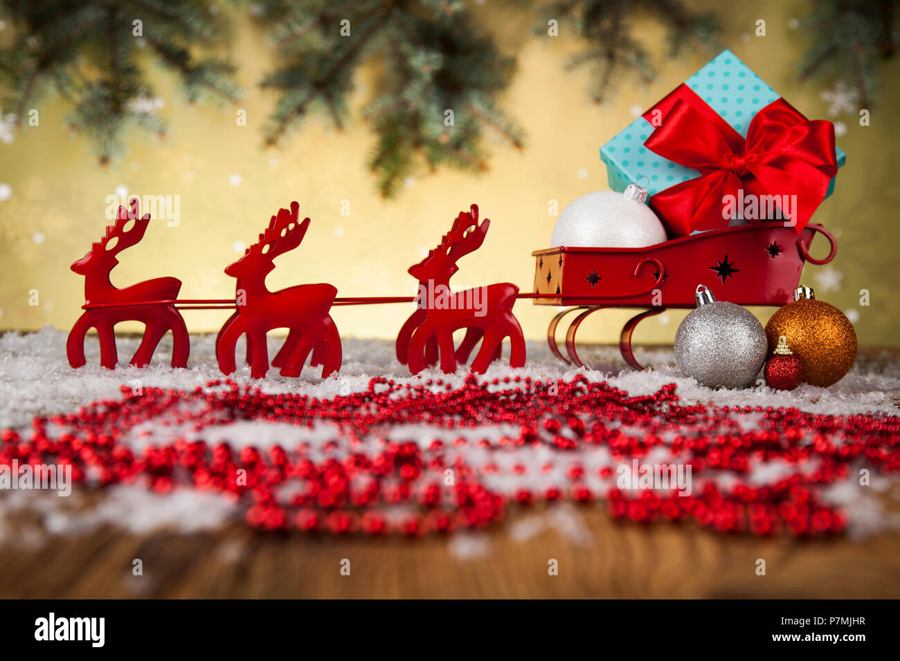 Christmas, Santa sleigh on gift box background Stock Photo - Alamy