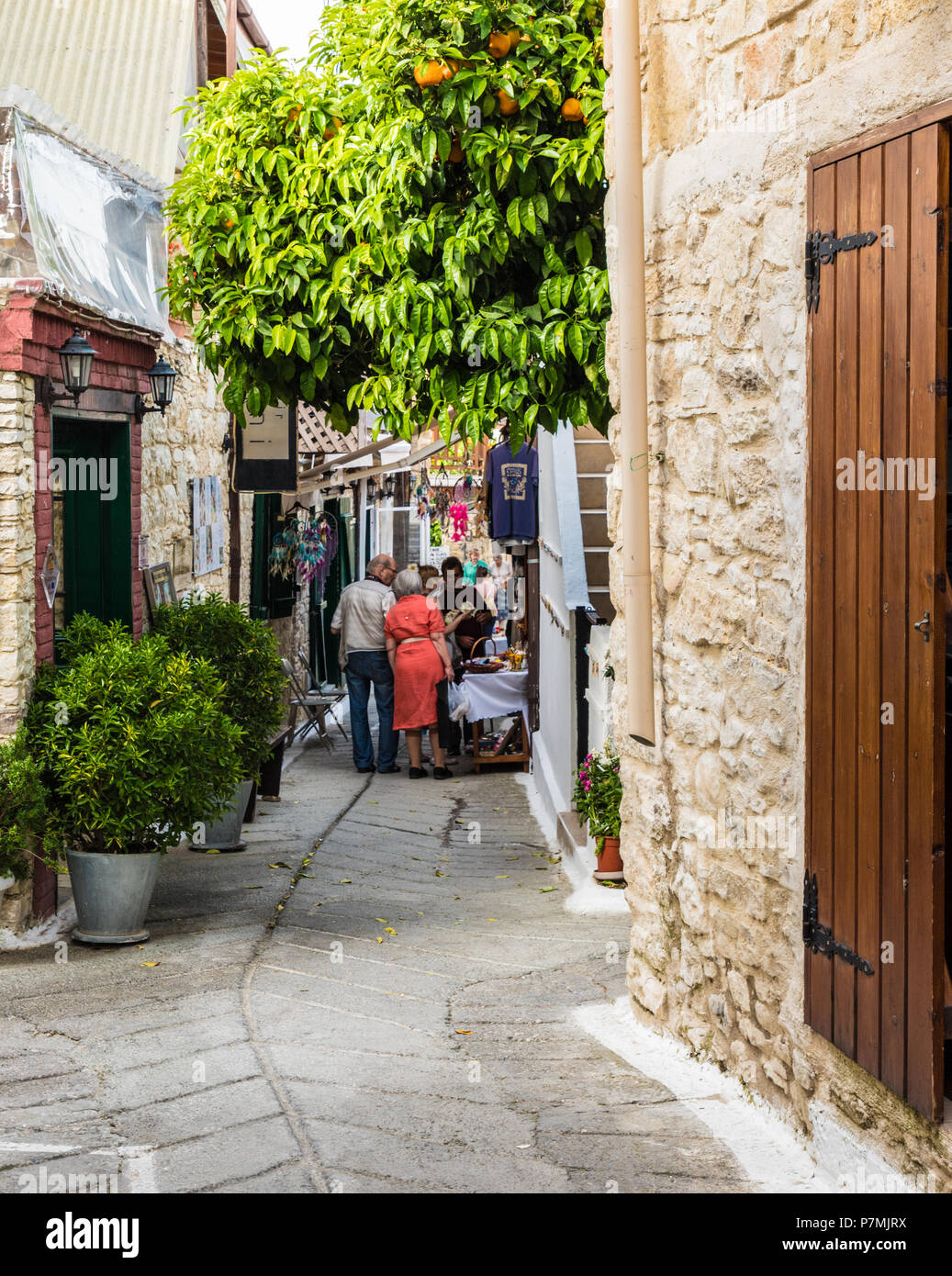 A typical view in the traditional village Omodos in Cyprus Stock Photo ...