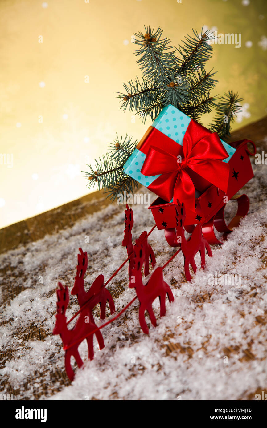 Christmas, Santa sleigh on gift box background Stock Photo - Alamy