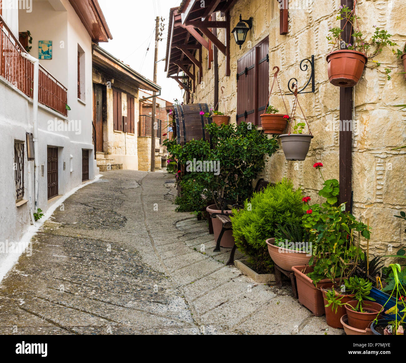 A typical view in the traditional village Omodos in Cyprus Stock Photo ...