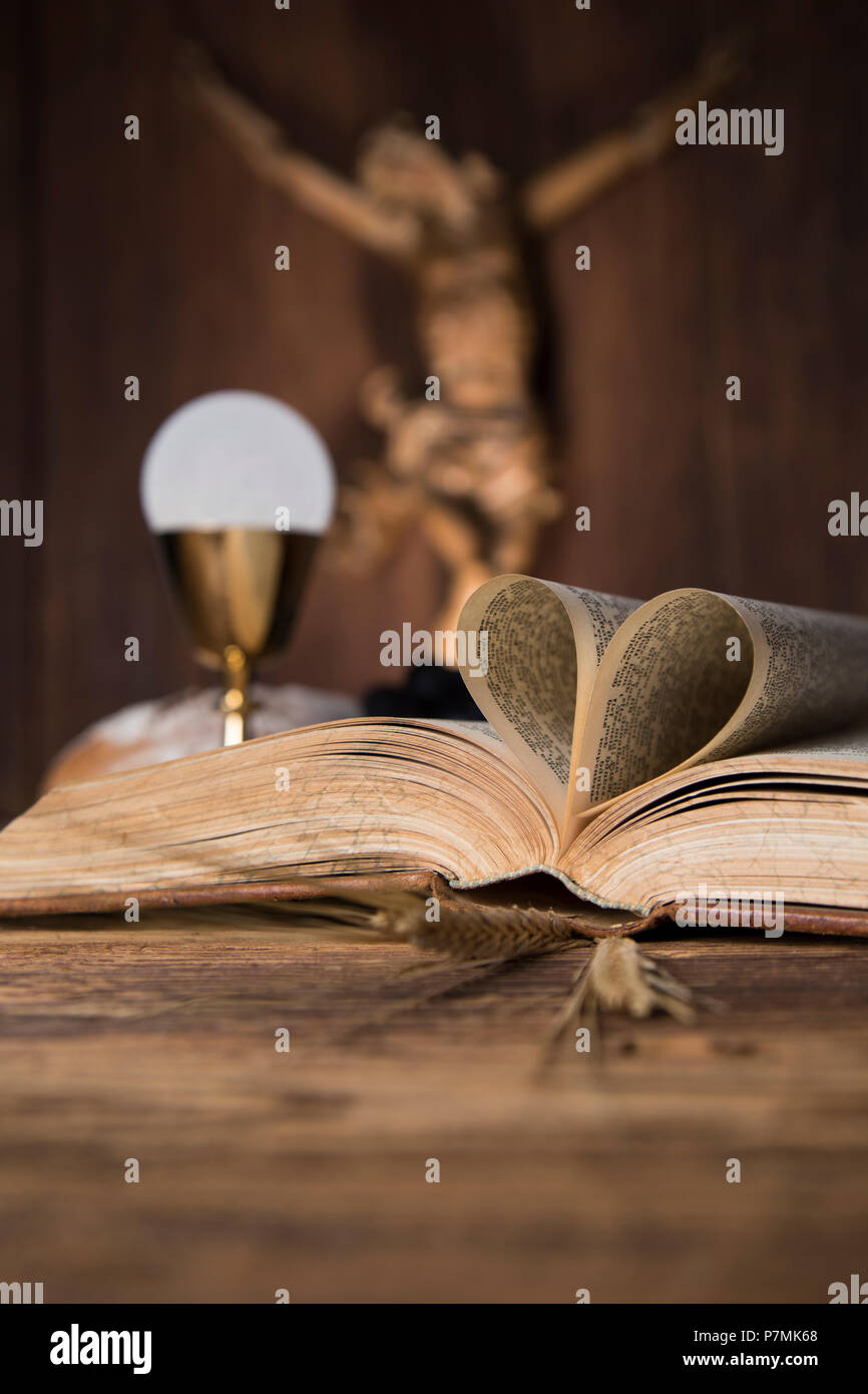 Eucharist symbol of bread and wine, chalice and host, First communion ...