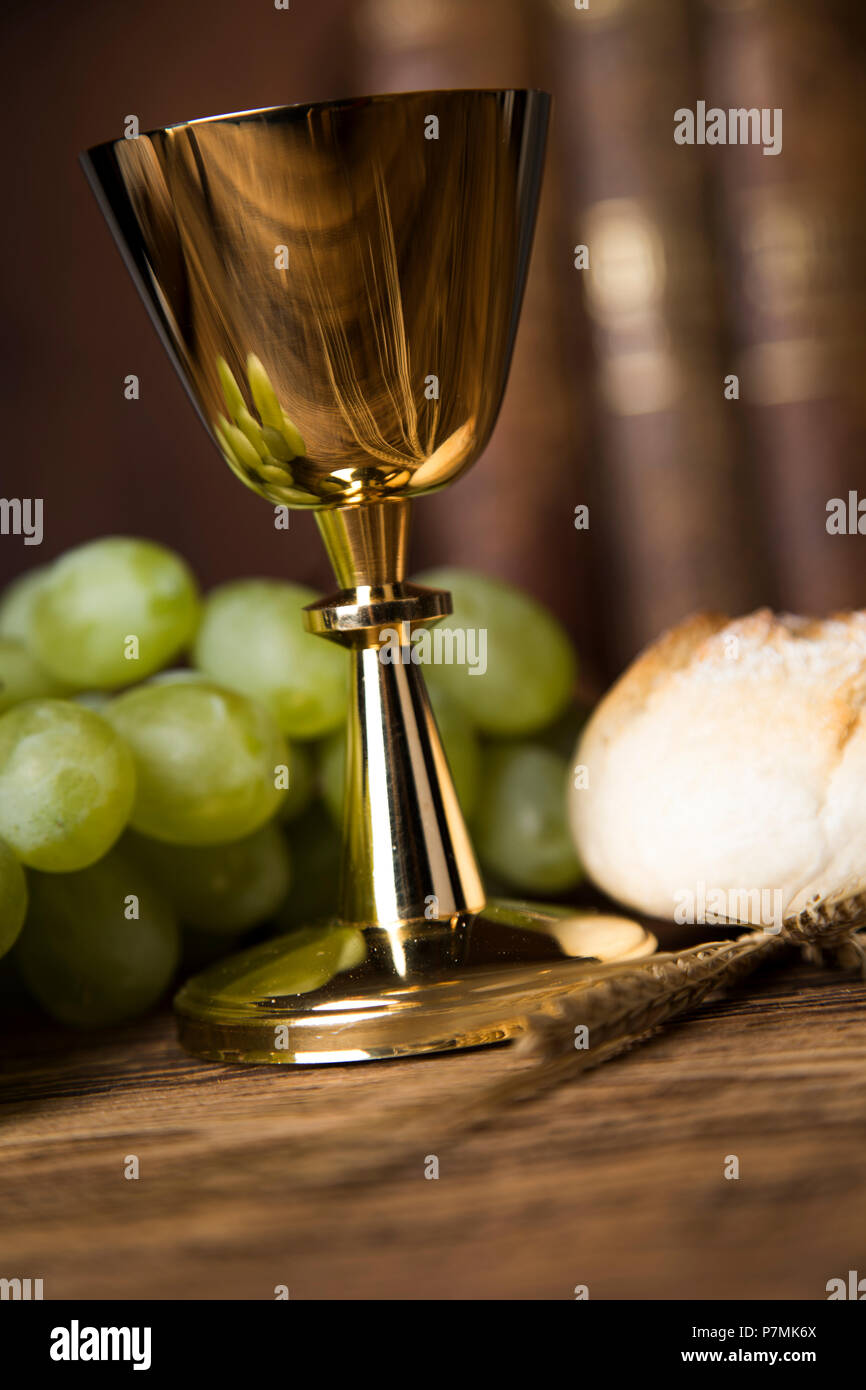 Eucharist symbol of bread and wine, chalice and host, First communion ...