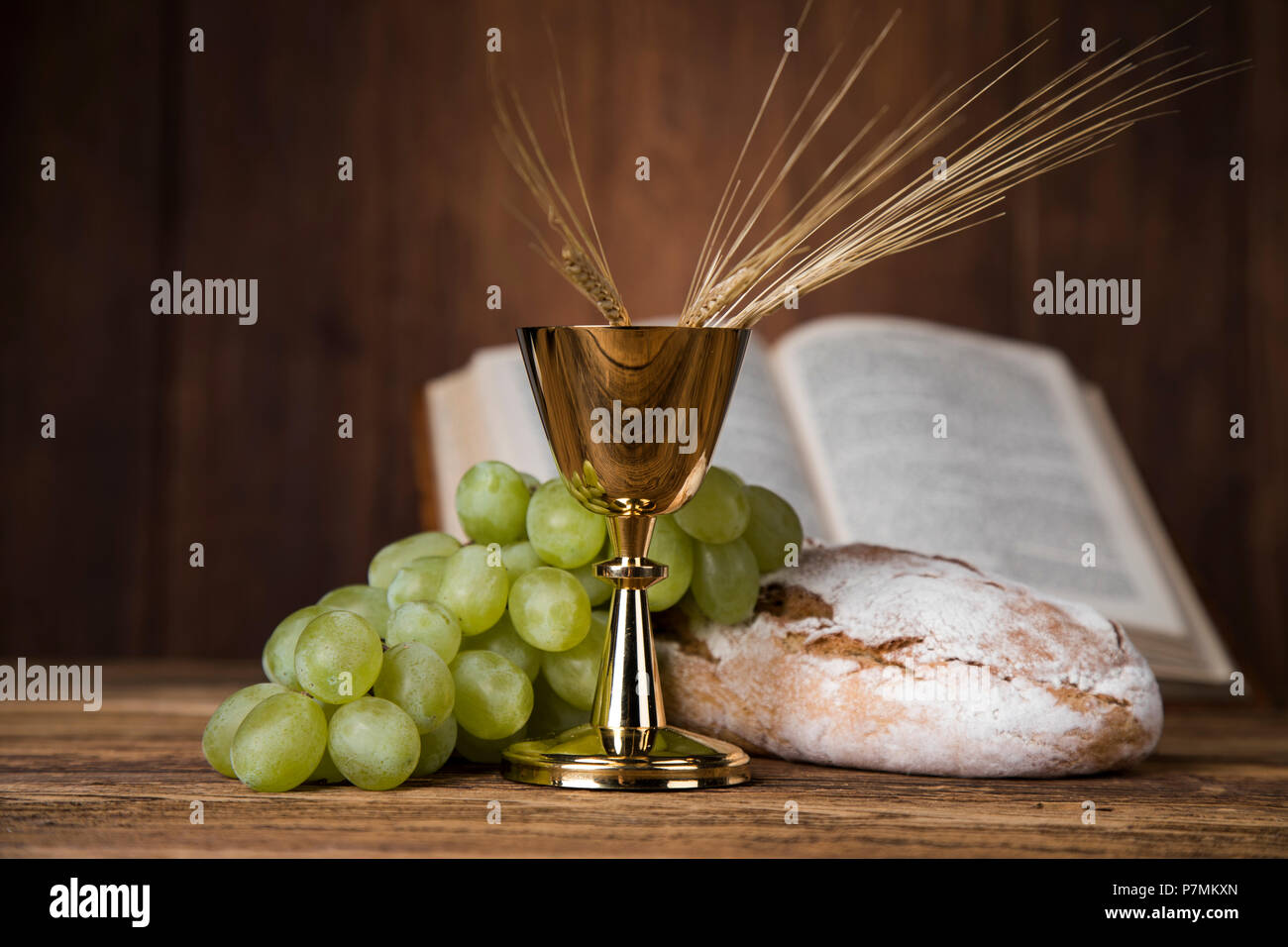 Eucharist symbol of bread and wine, chalice and host, First communion ...