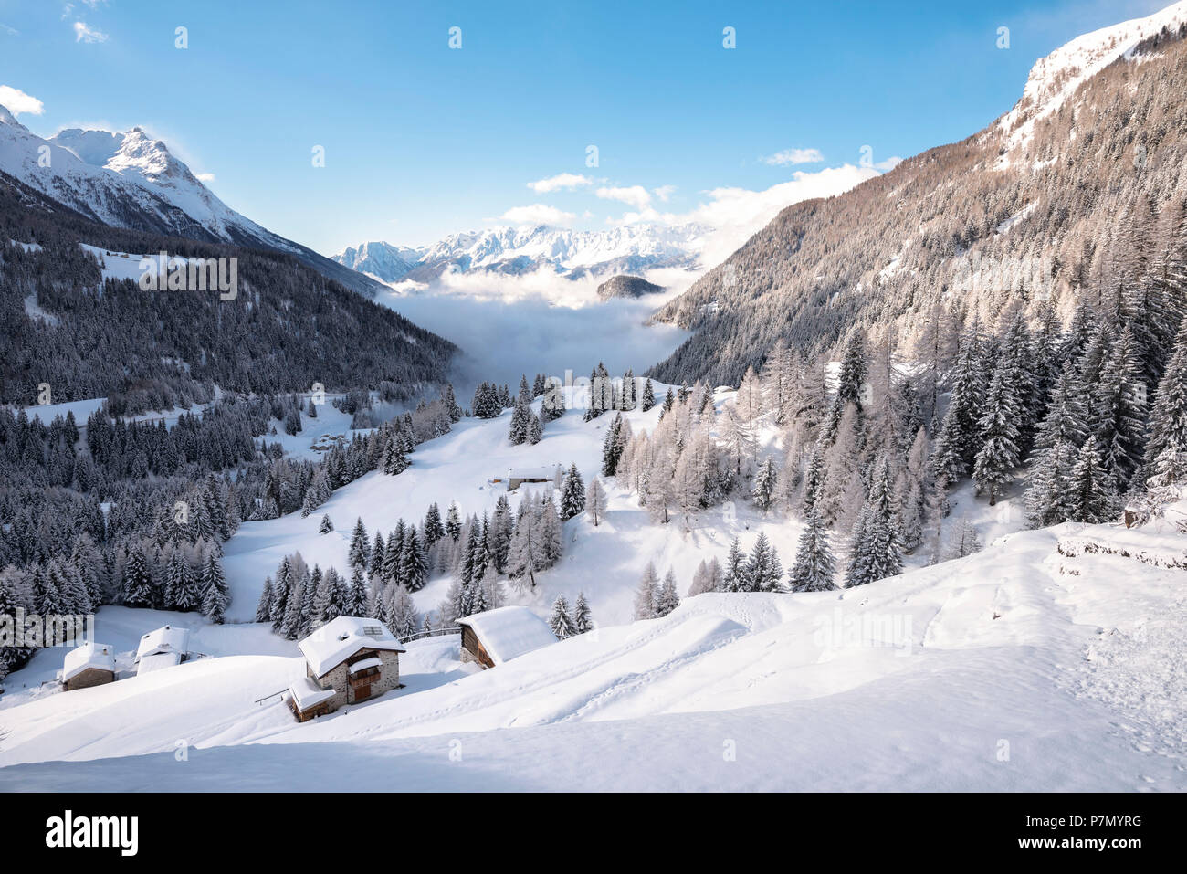 The Poschiavo valley after snowfall, Poschiavo, Canton of Graubunden ...