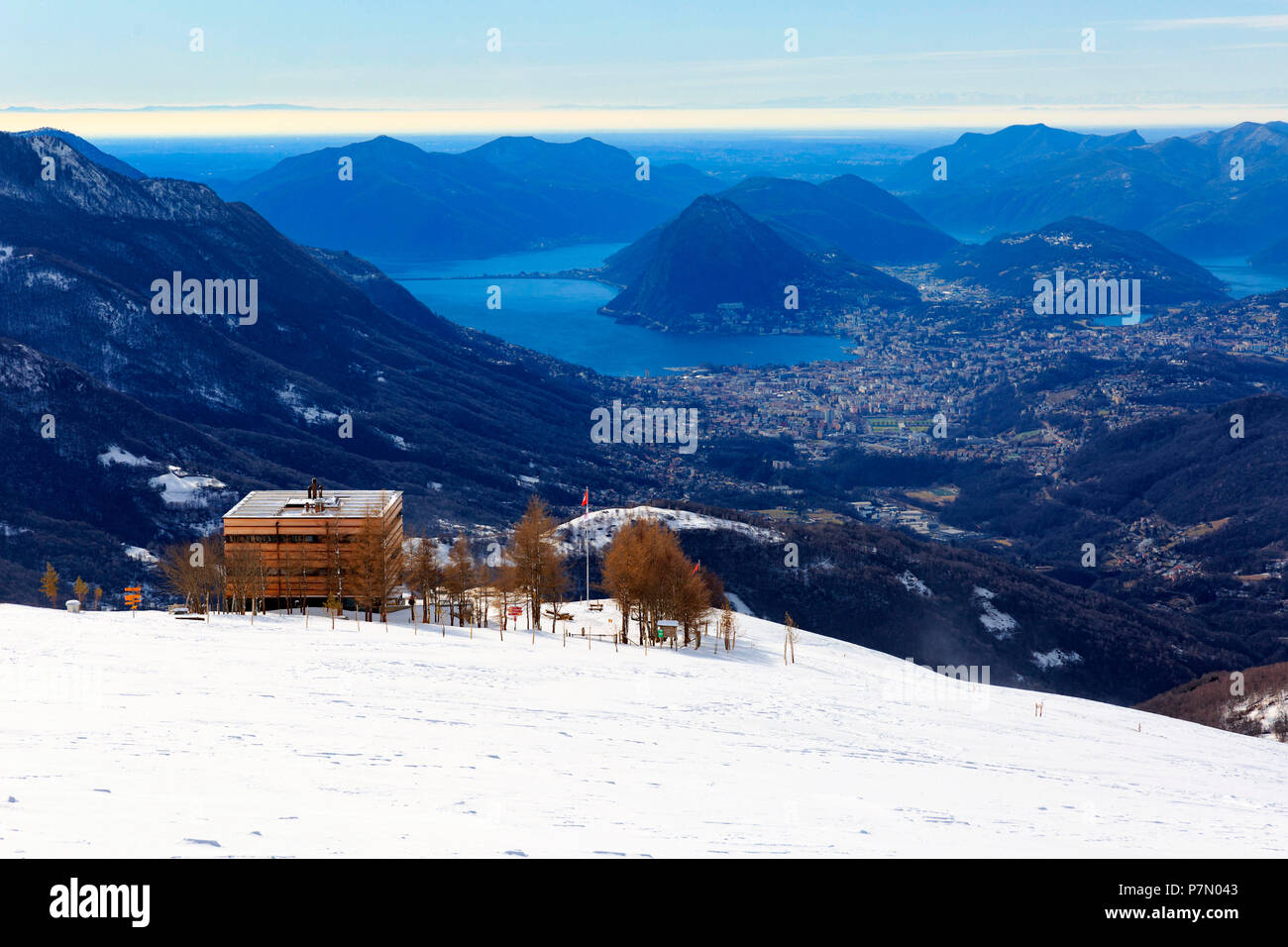 Capanna Monte Bar with Lugano and Lugano Lake in background, val Colla ...
