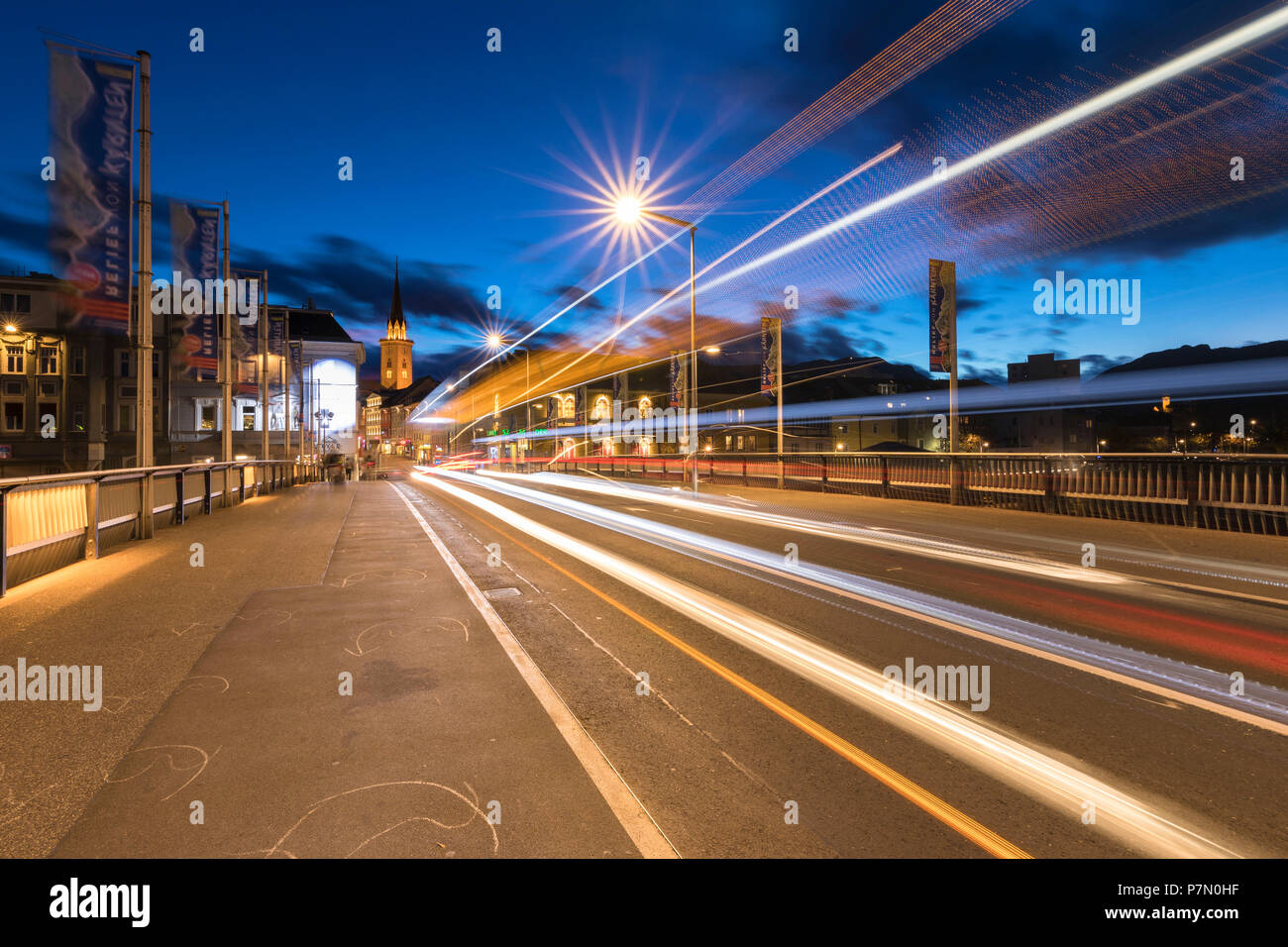The Drava Bridge in center of Villach, St. Jacob Church in background ...