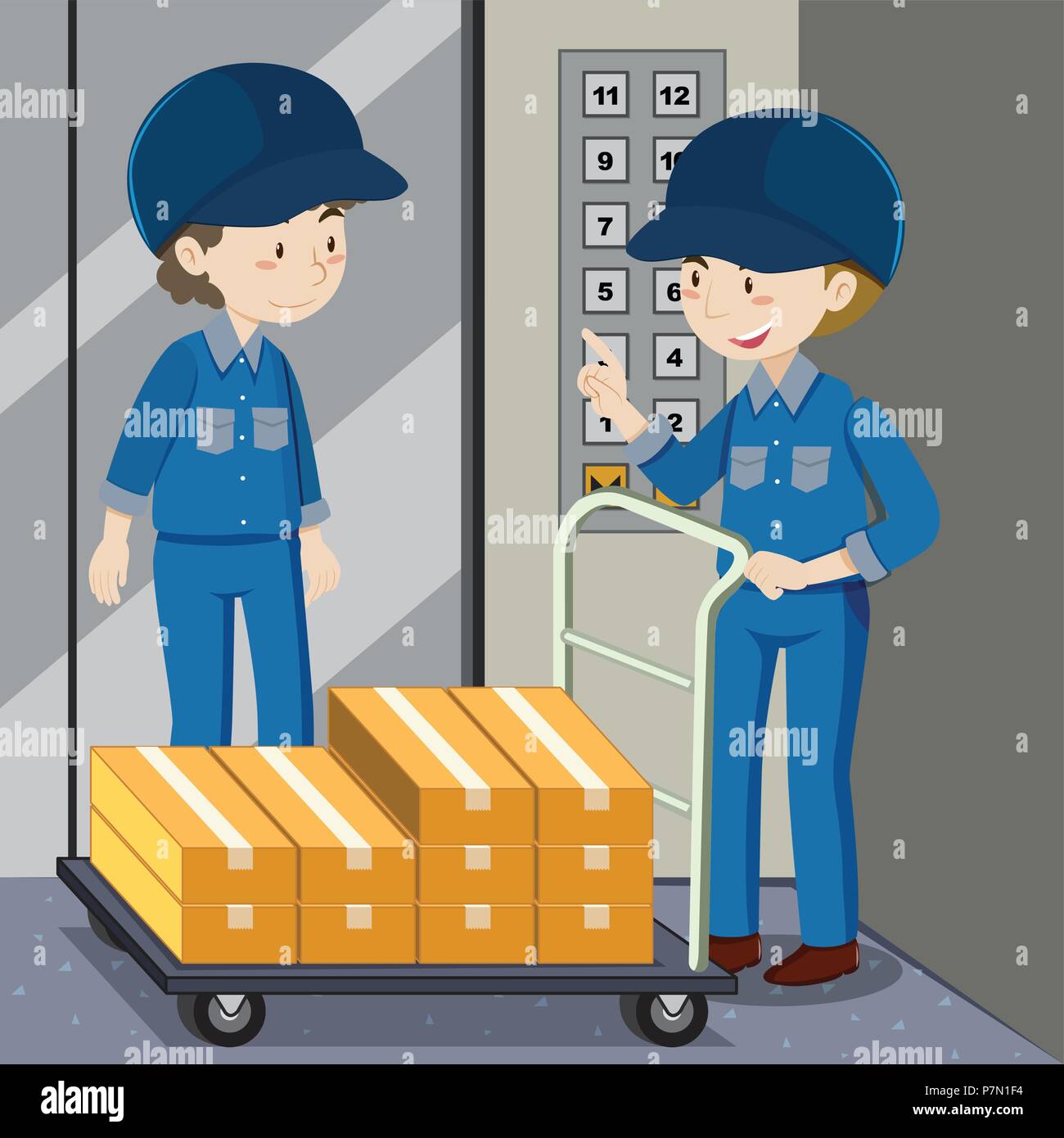 Two workers pushing boxes illustration Stock Vector Image & Art - Alamy