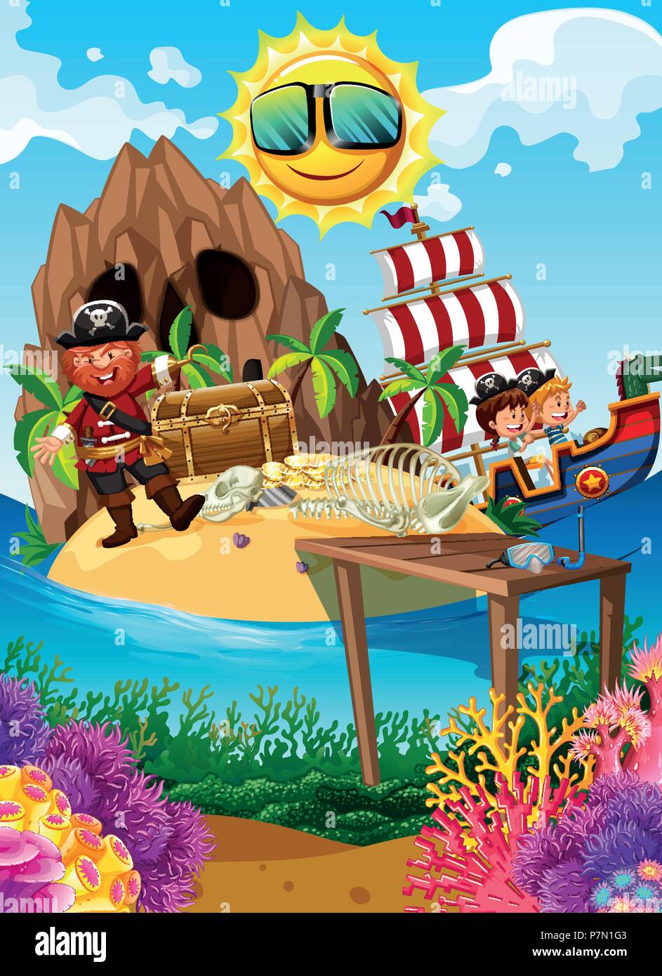 Pirate on an Island with treasure illustration Stock Vector Image & Art ...
