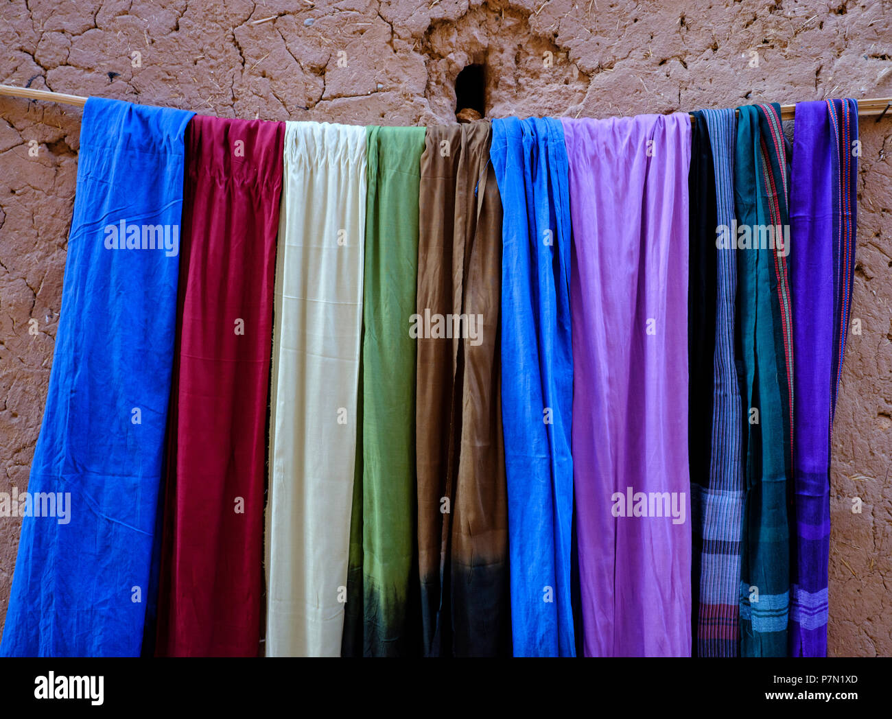 AIT BEN HADDOU, MOROCCO - CIRCA APRIL 2017: Detail of Moroccan scarfs ...