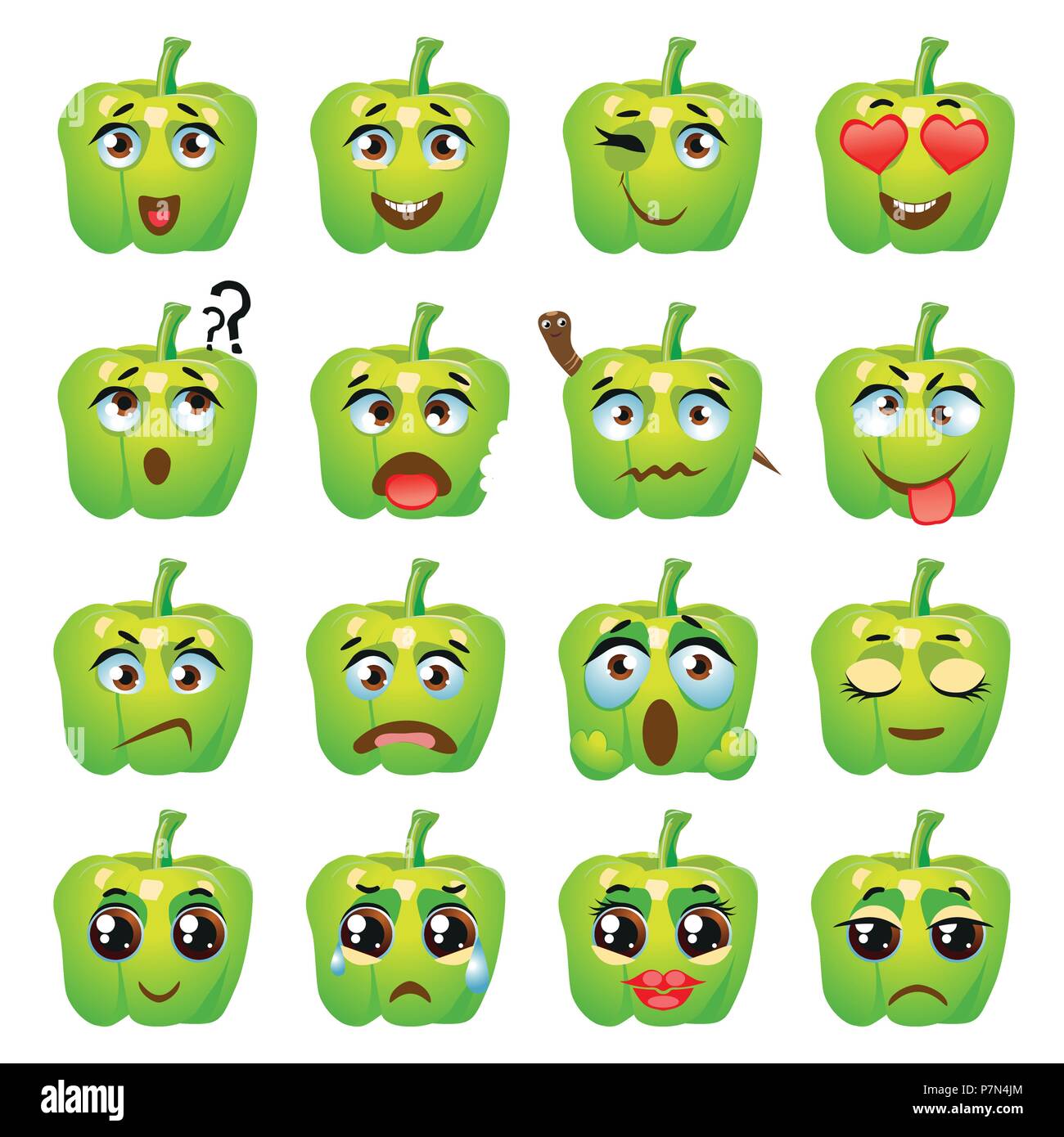 Set of vector stickers, emojis with cute green pepper Stock Vector ...
