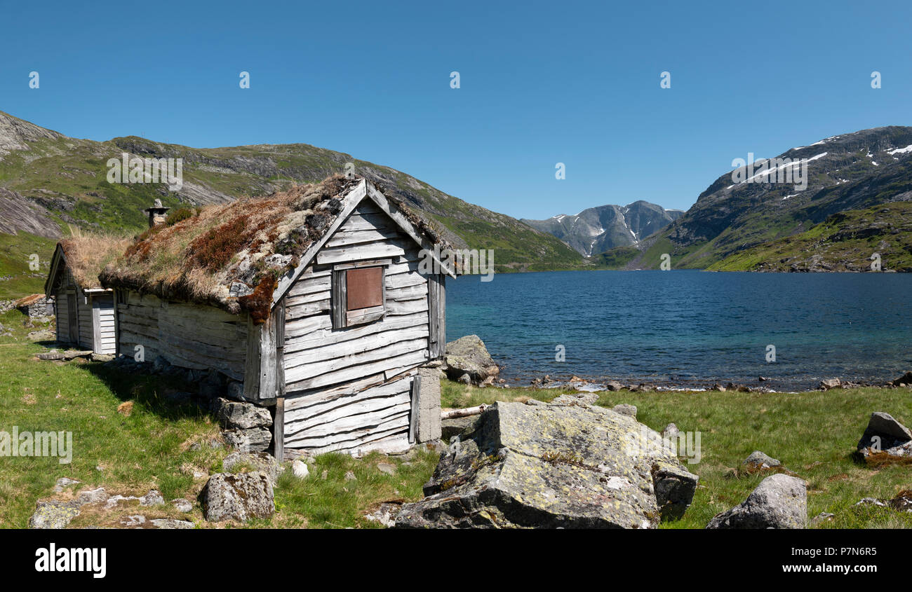 Old Norwegian turf roof hut on the high fells above Sognefjord at ...