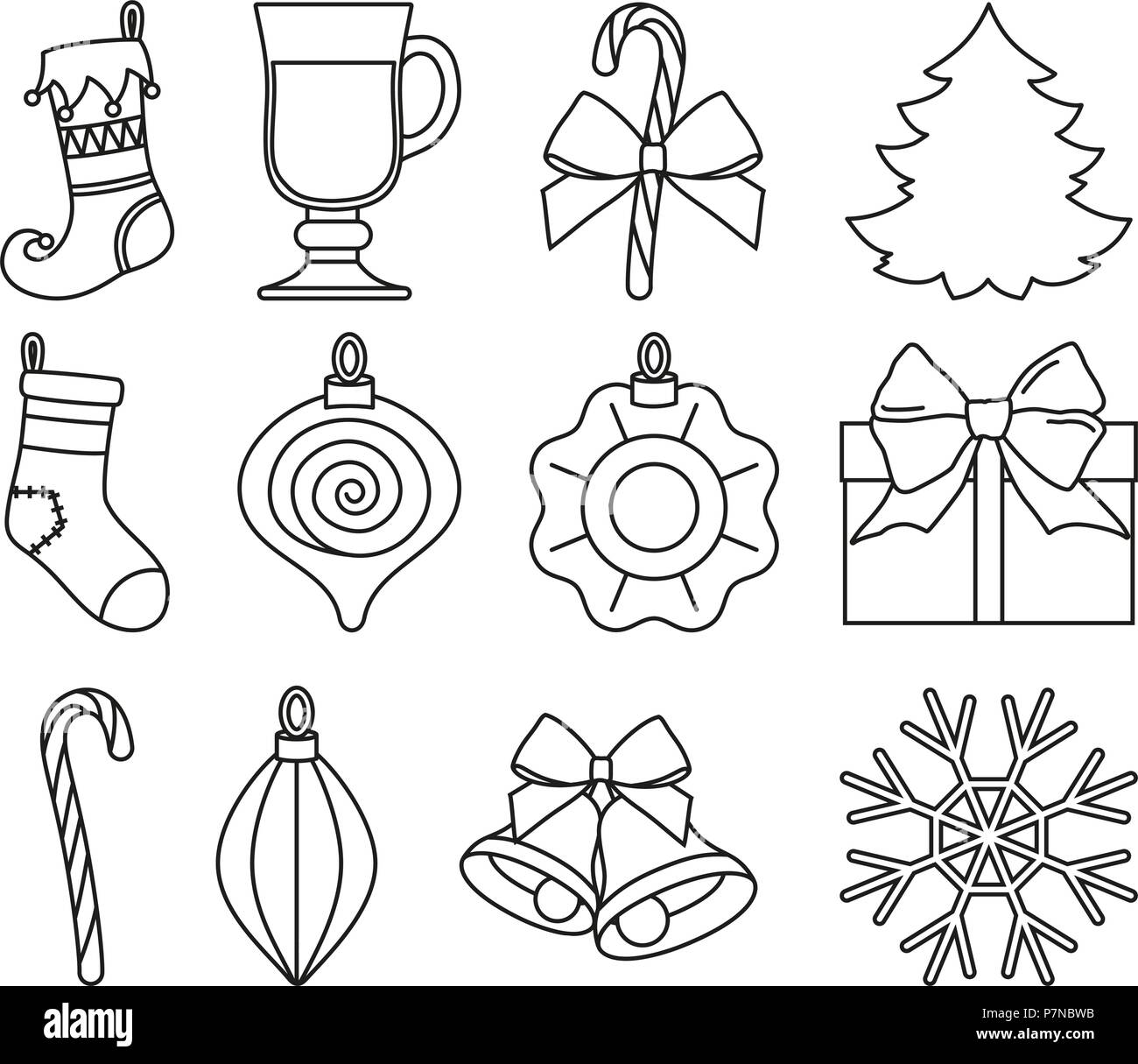 Line art black and white 12 xmas elements set Stock Vector Image & Art ...