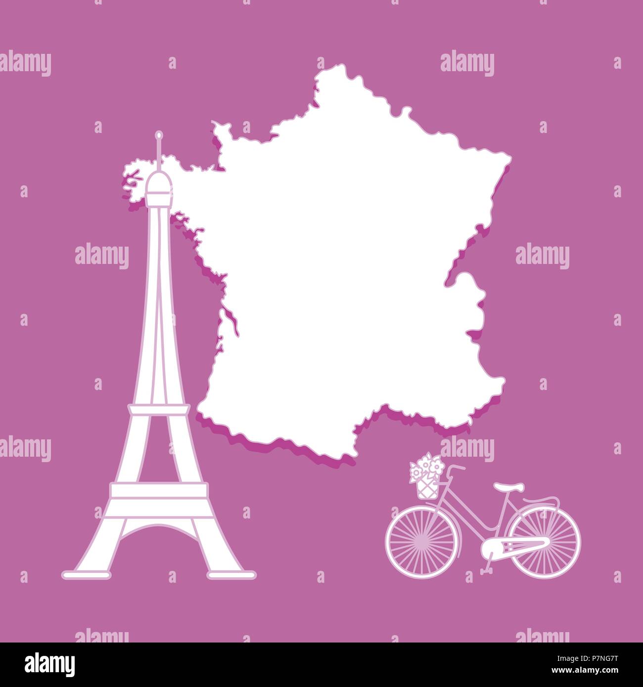Map of France, famous tower of Paris, bicycle with a basket of flowers ...