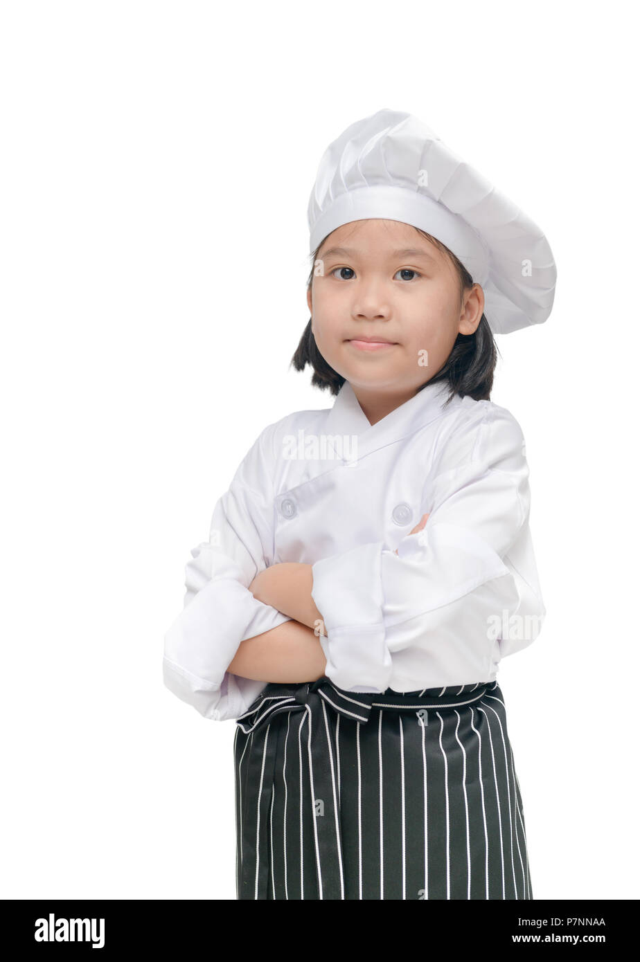 Portrait of cute girl chef with cook hat and apron stand and smile ...