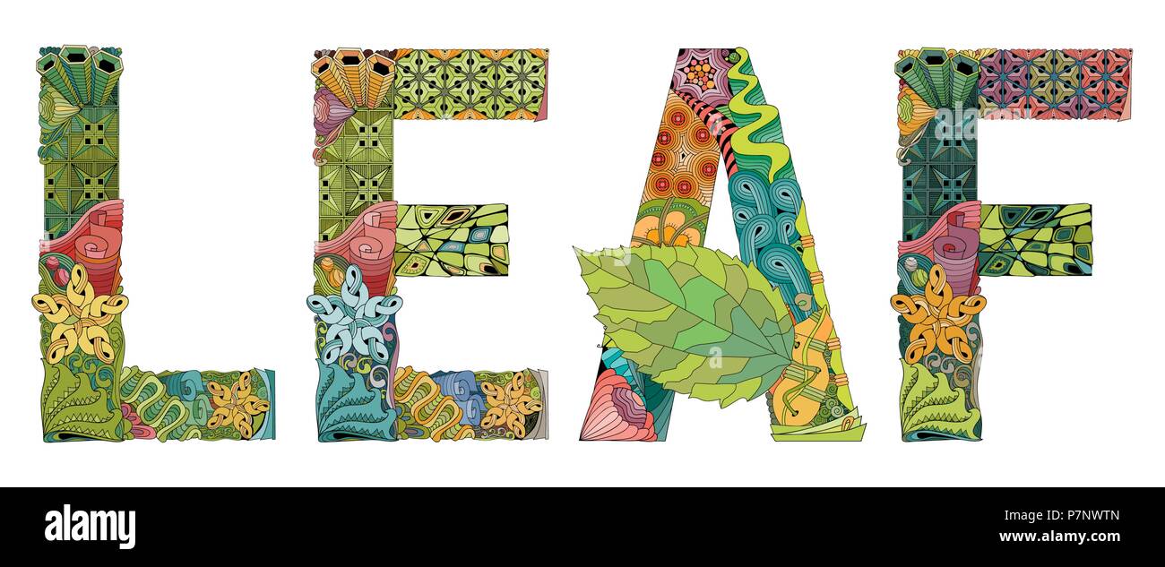 Hand-painted art design. Hand drawn illustration word LEAF for t-shirt ...