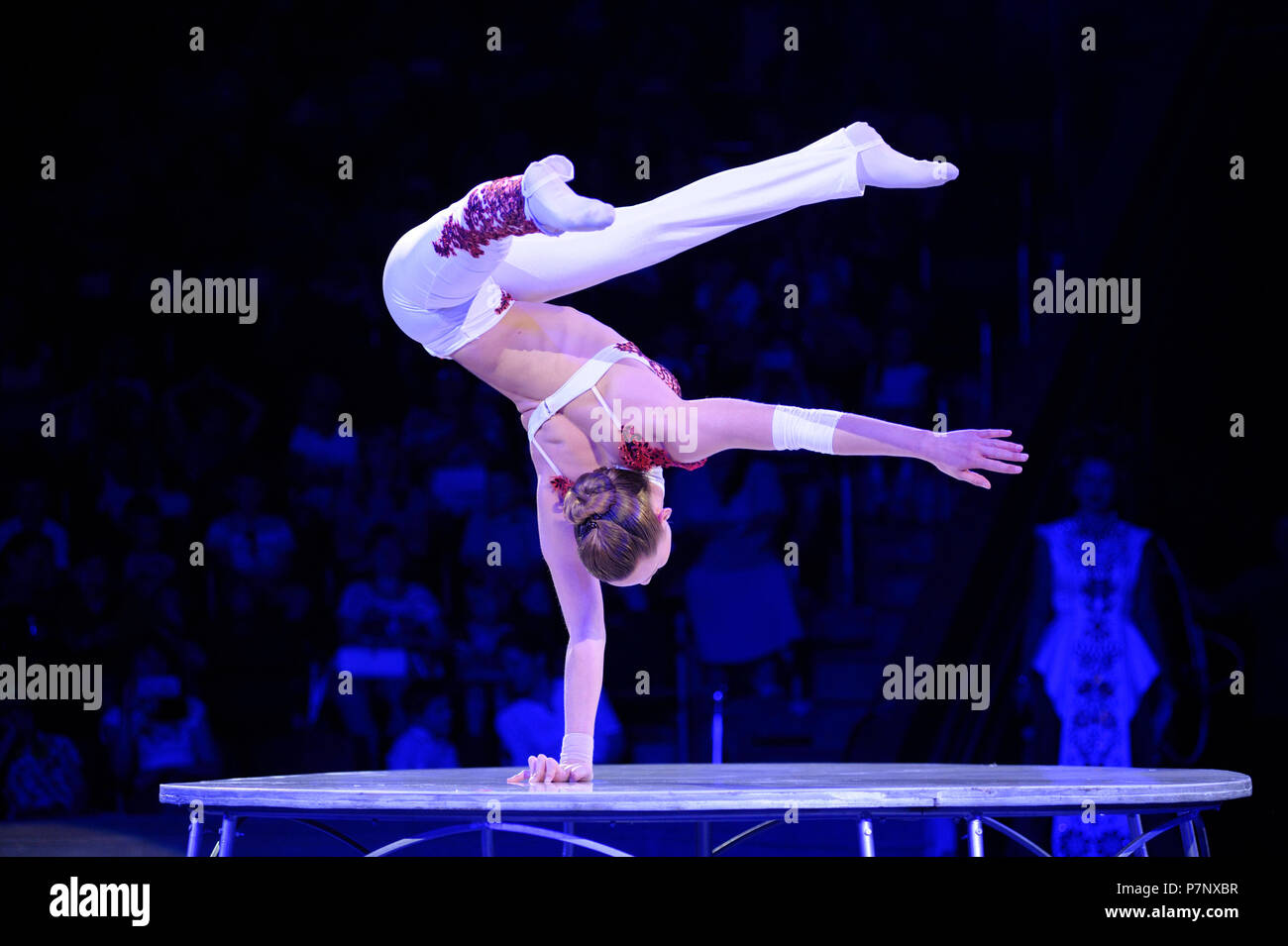 Acrobat performing in the ring of the circus. June 10, 2018. Kiev ...
