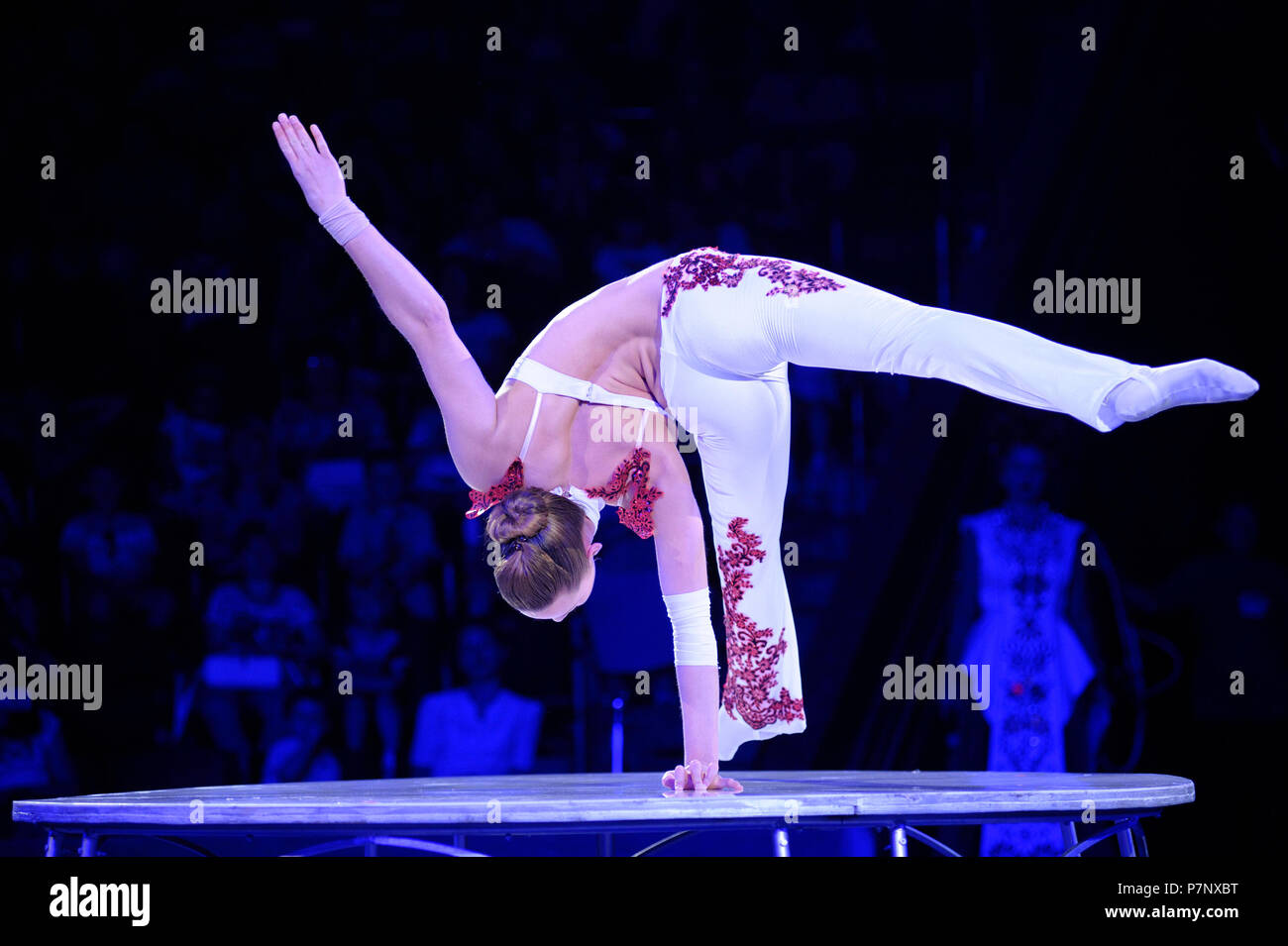 Acrobat performing in the ring of the circus. June 10, 2018. Kiev ...