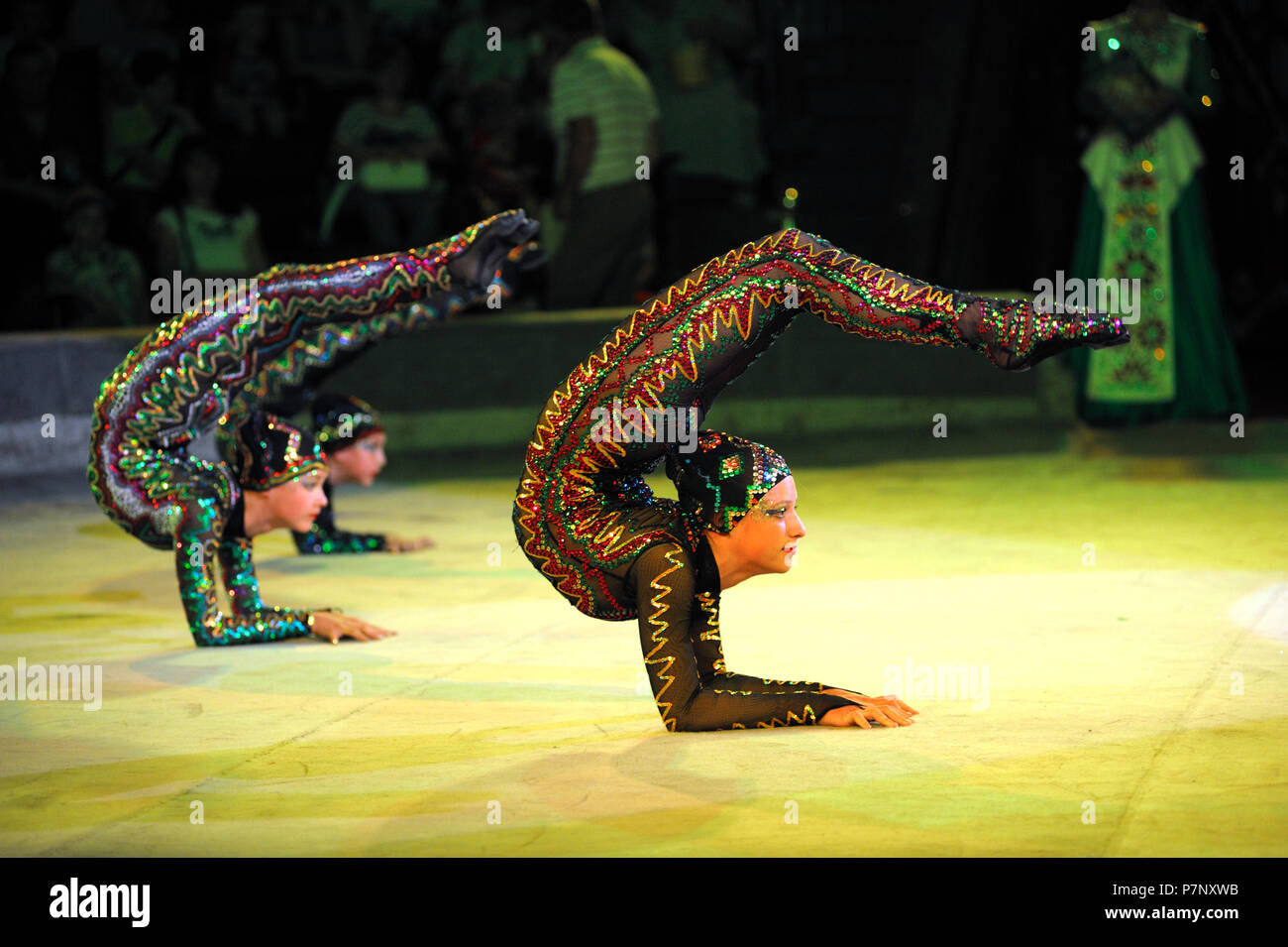 Acrobats (caoutchouc) performing on the ring of the circus. June 10 ...