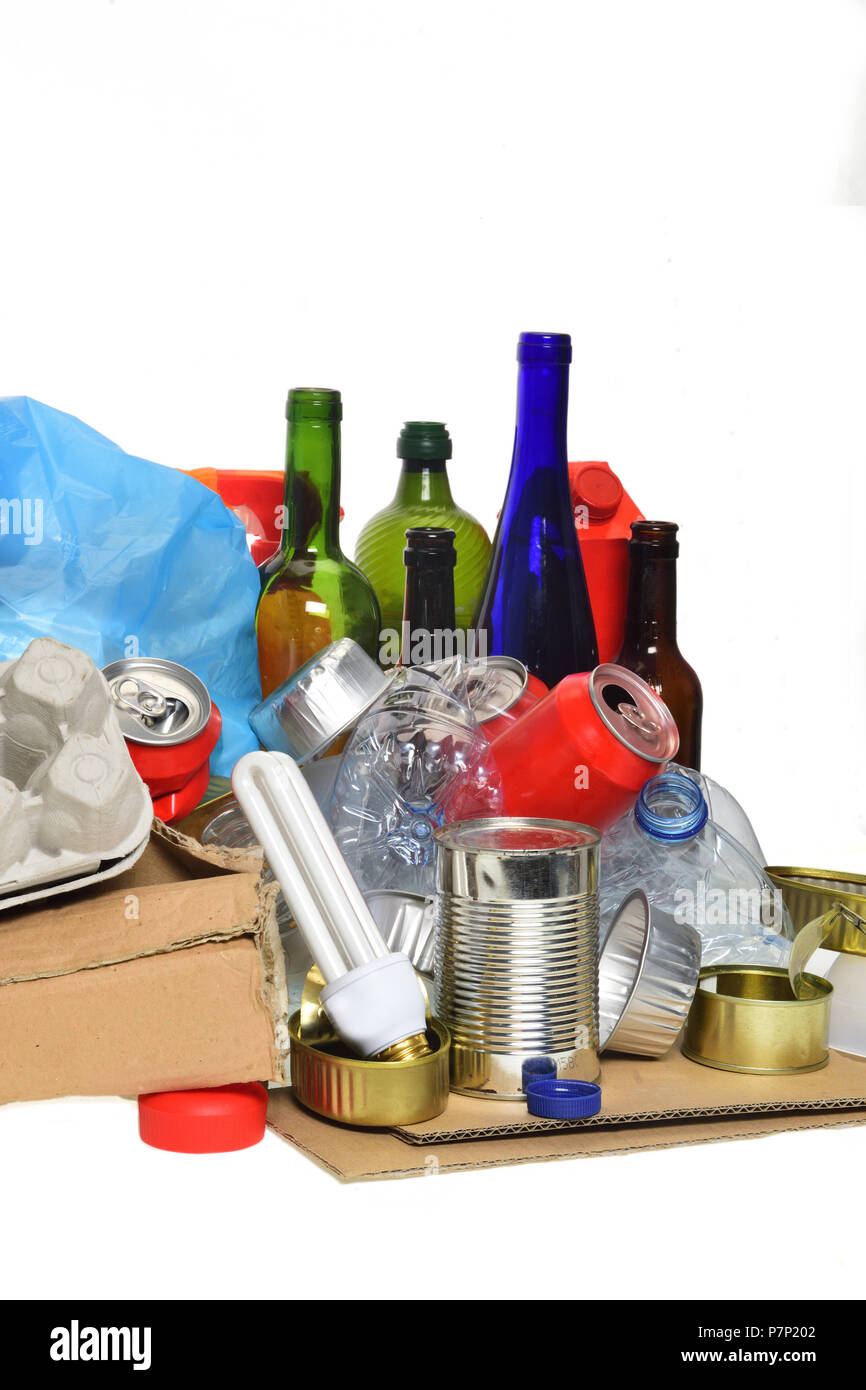 trash for recycling with,paper, glass bottles, cans, plastic bottle and ...