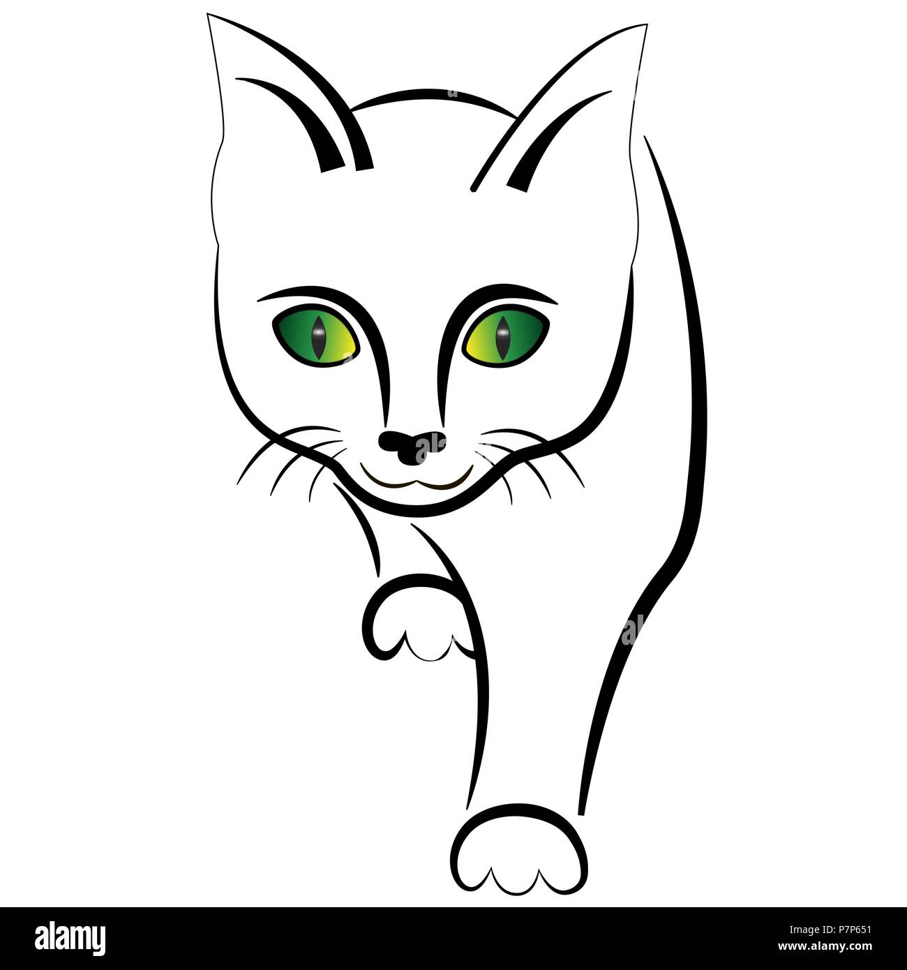 The simple execution of a cat with green eyes isolated on a white ...