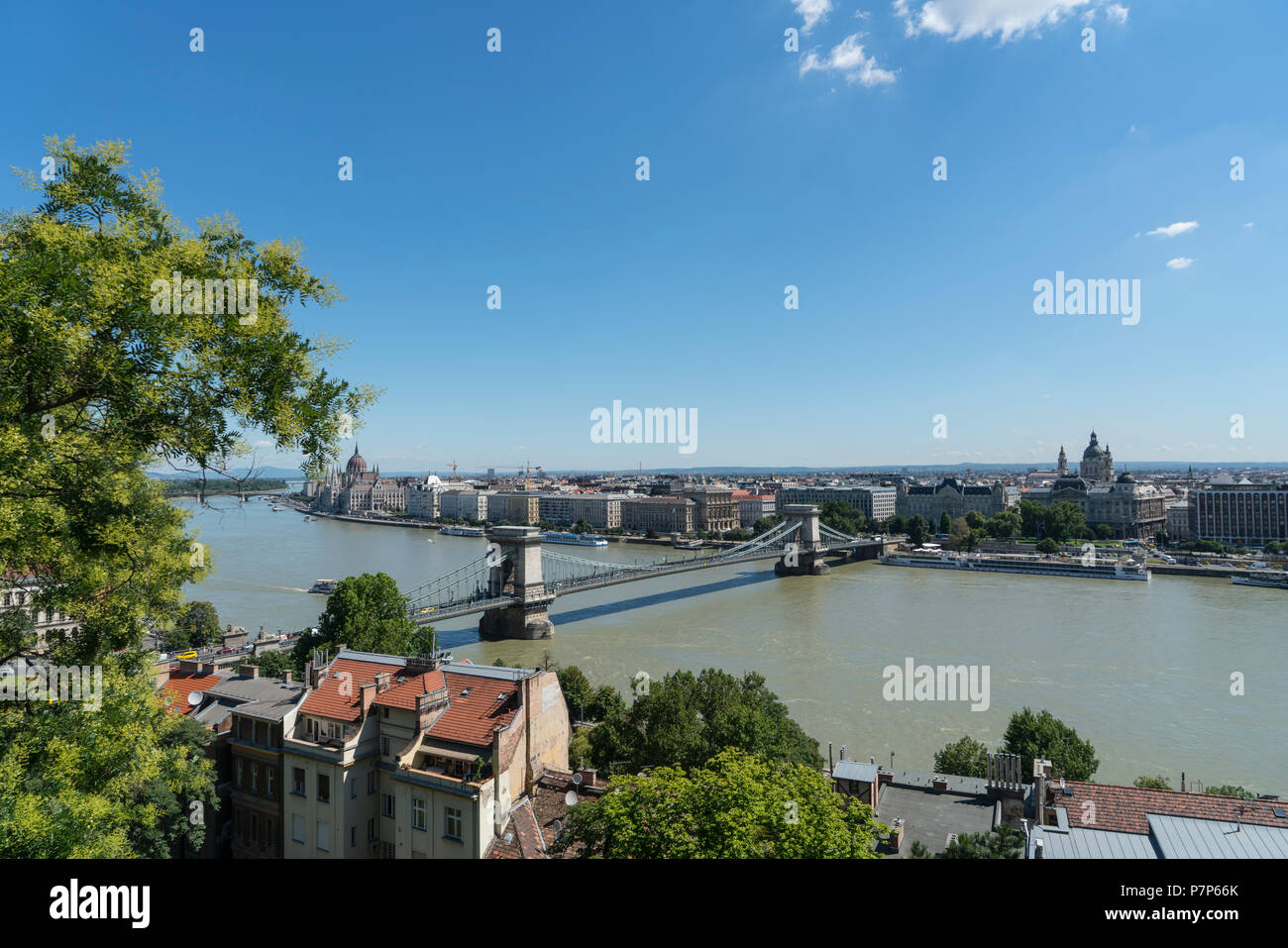A view of the chain bridge from the castle hill in Budapest, Hungary ...
