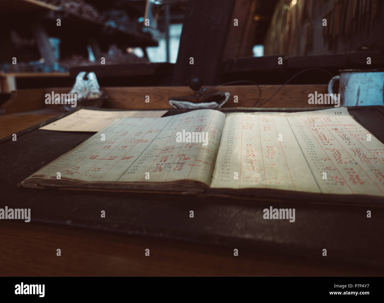 Accounting book and table in a former factory Stock Photo - Alamy