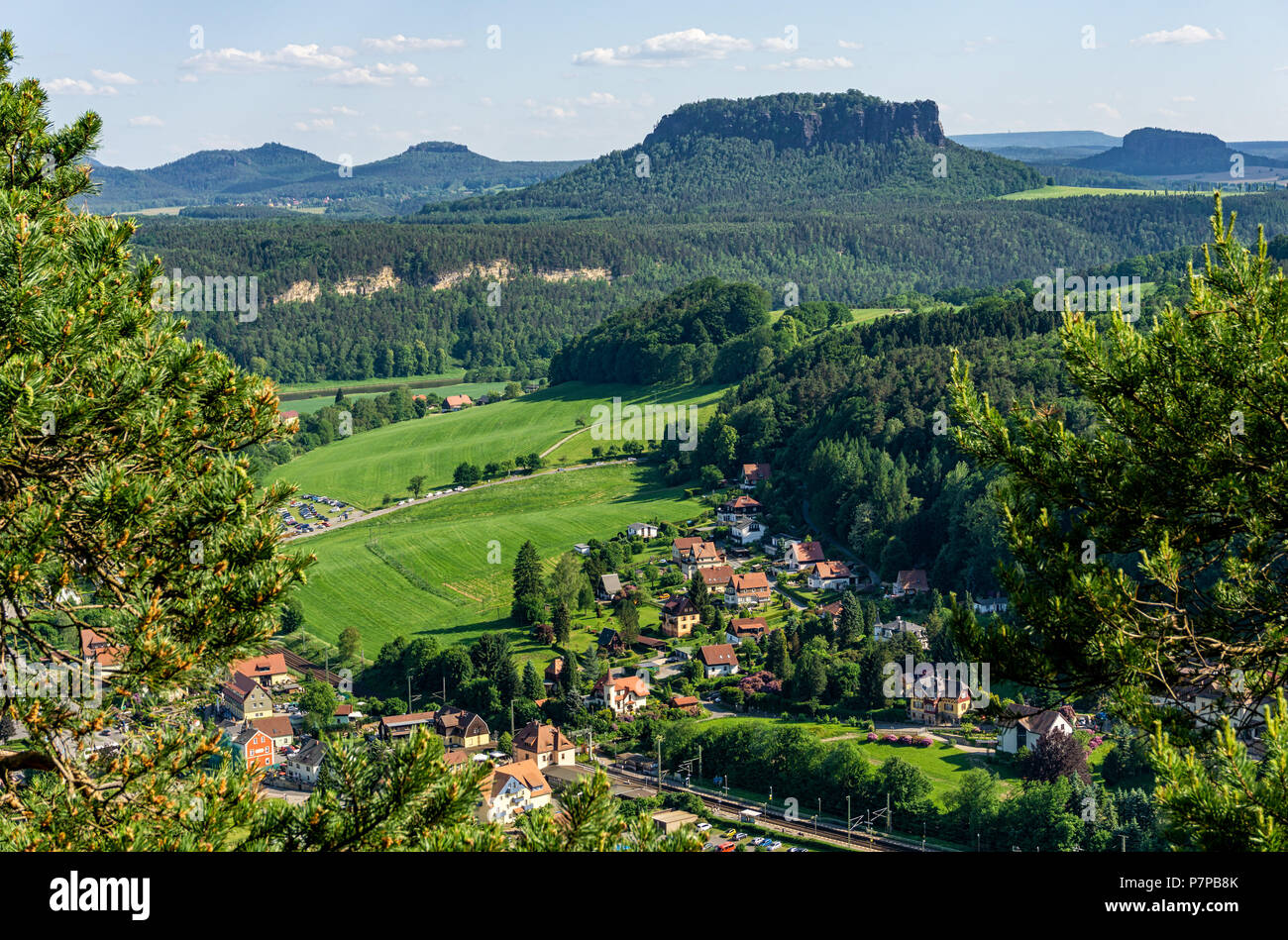 Village Rathen as seen from from Bastei. Lilienstein Mountain in the ...