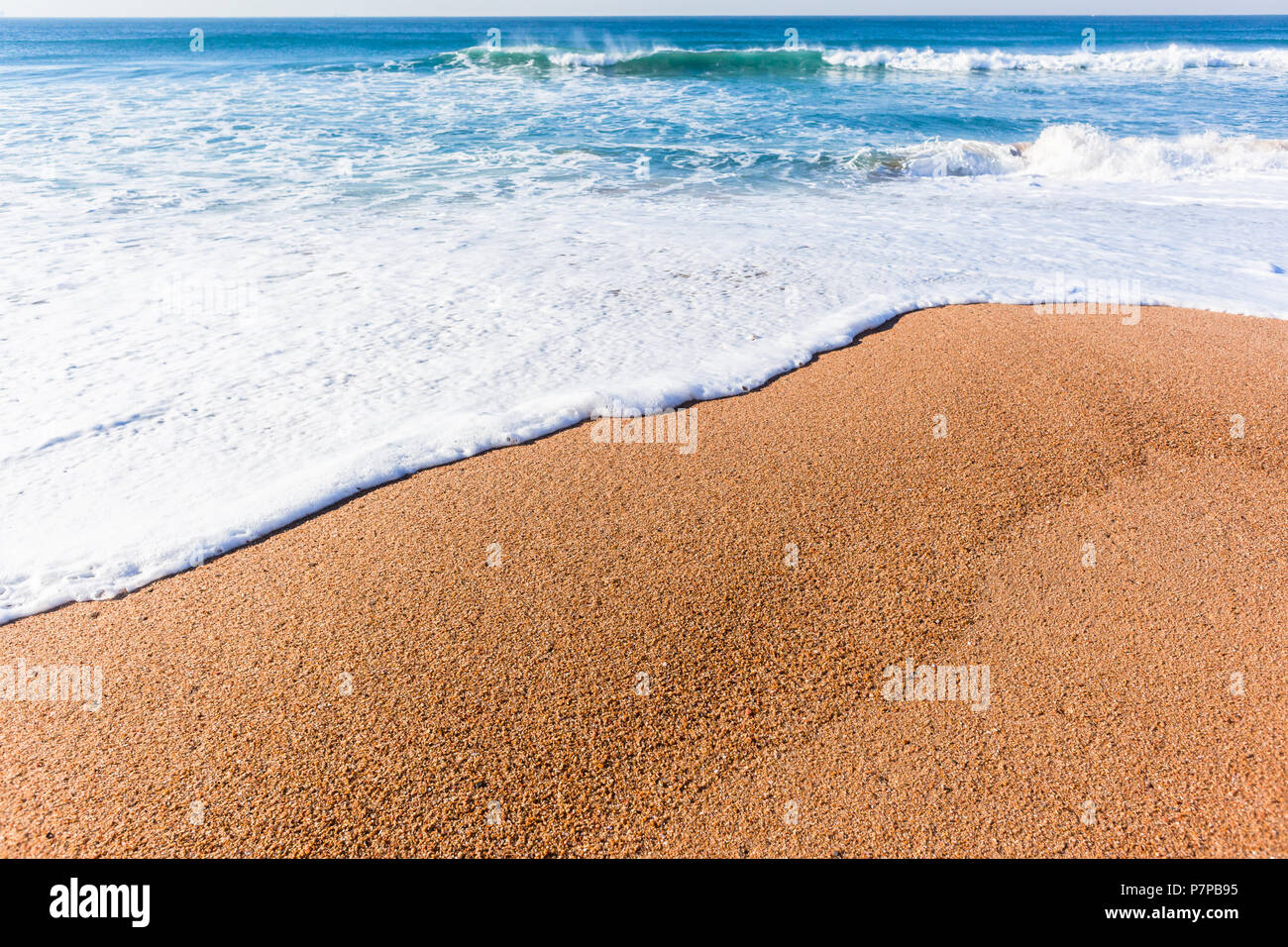 Beach shoreline blue ocean wave wash closeup scenic nature horizon ...