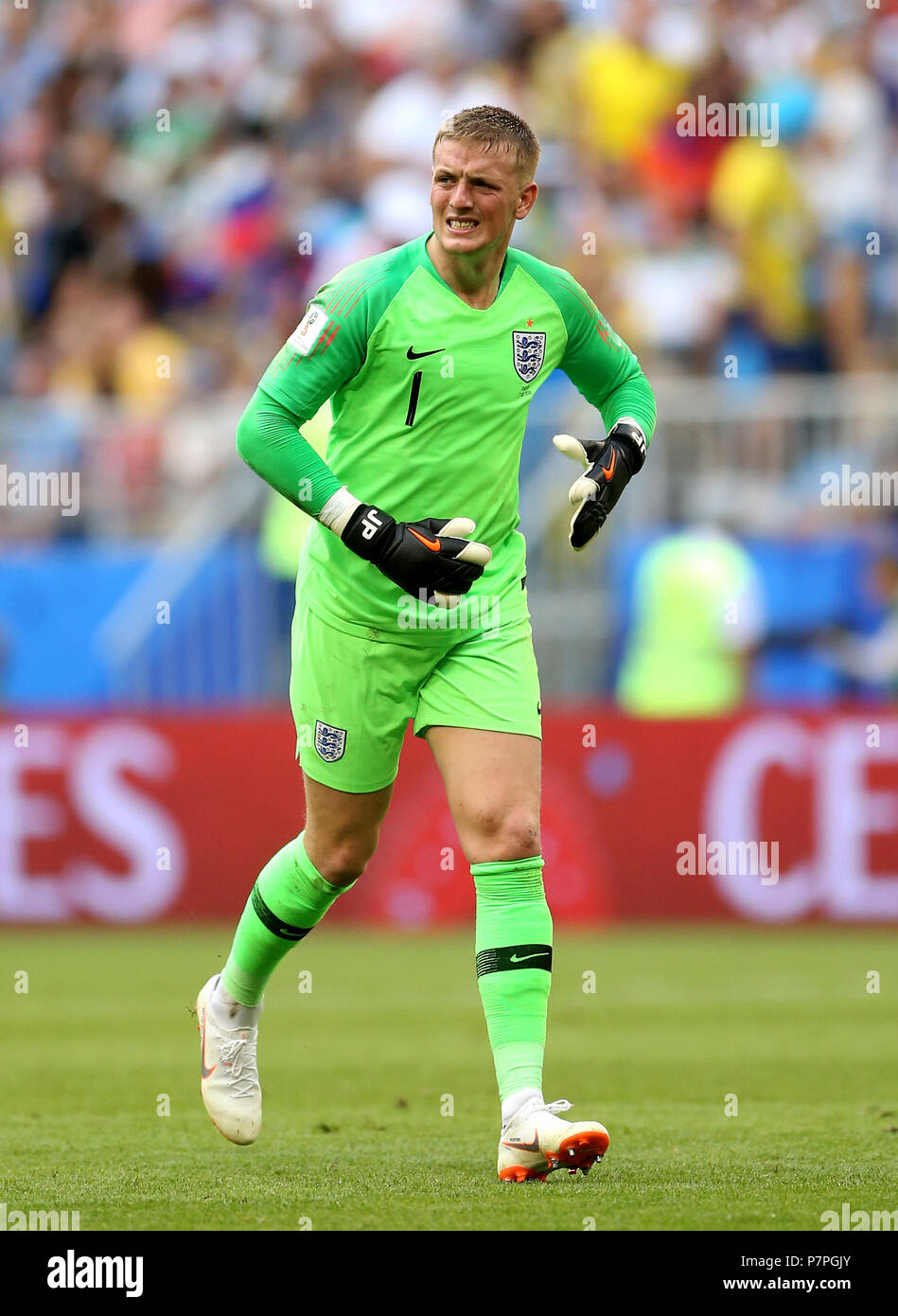 England goalkeeper Jordan Pickford shakes his wrist during the FIFA ...