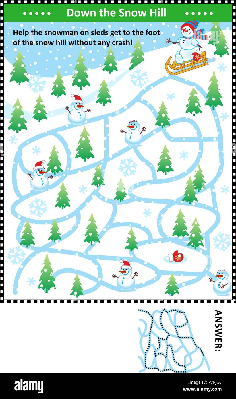 Winter maze game: Help the snowman on sleds get to the foot of the snow ...