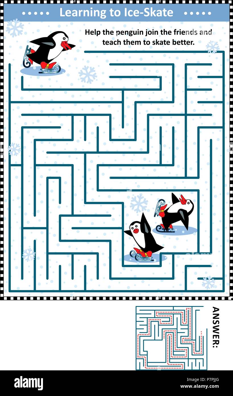 Winter or holidays themed maze game or activity page with skating ...