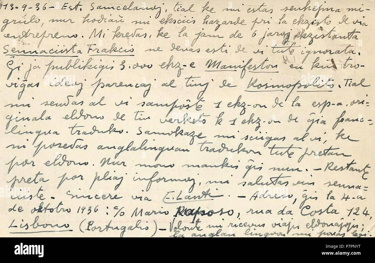 Esperanto: Perpota karto sendita de Lanti en 1936 el Portugalujo al ...