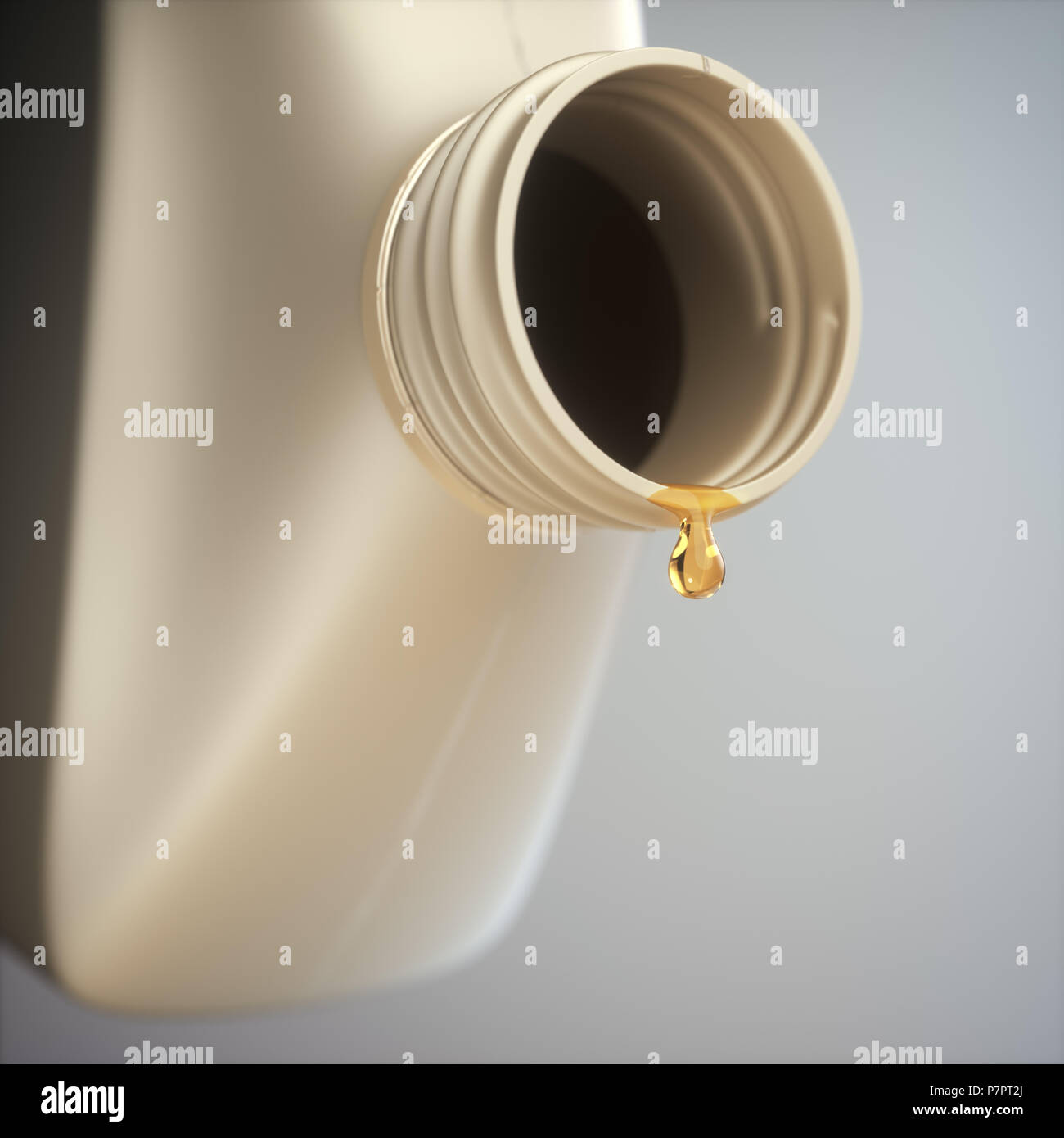 3D illustration. Last drop of oil falling from inside the container ...