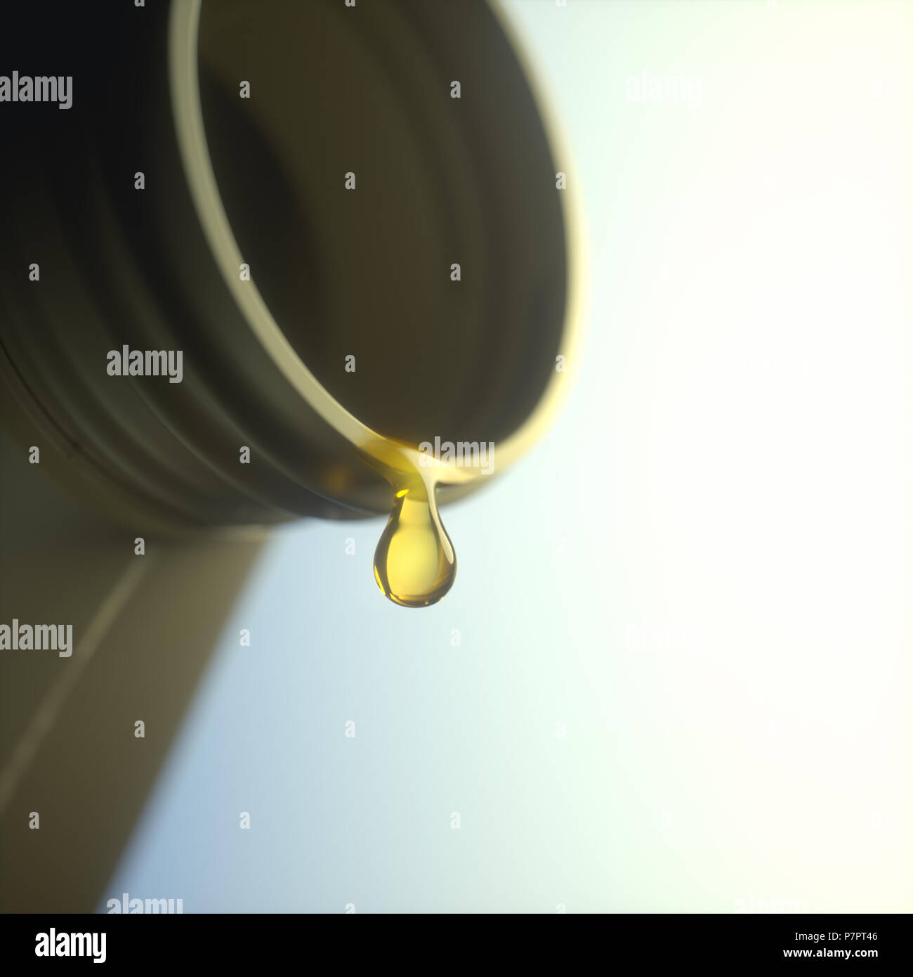 3D illustration. Last drop of oil falling from inside the container ...