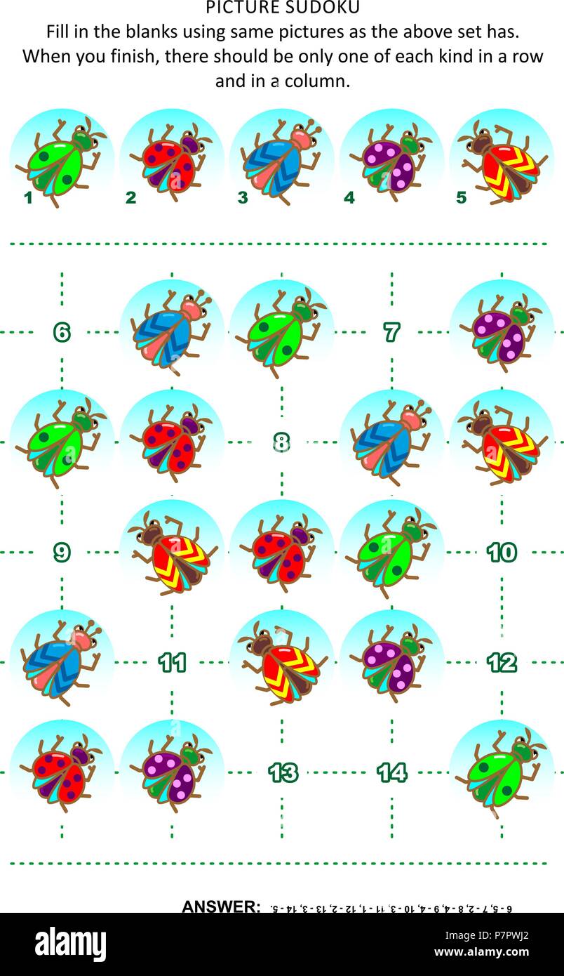 Picture sudoku puzzle 5x5 (one block) with bugs and beetles. Answer ...