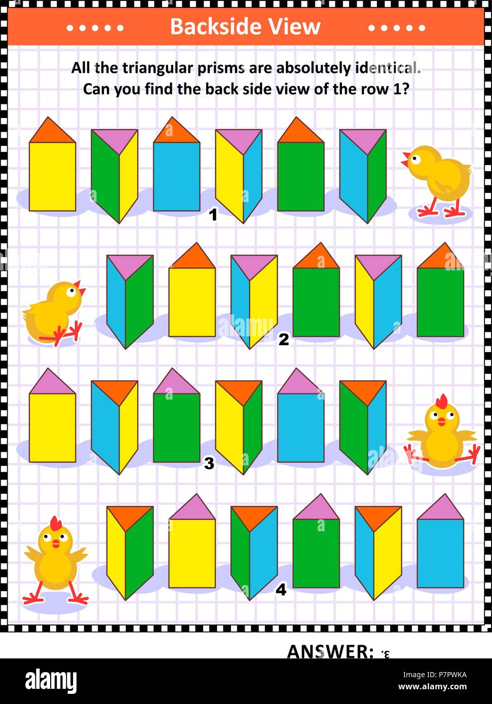 Educational math puzzle with triangular prisms: Find the back side view ...
