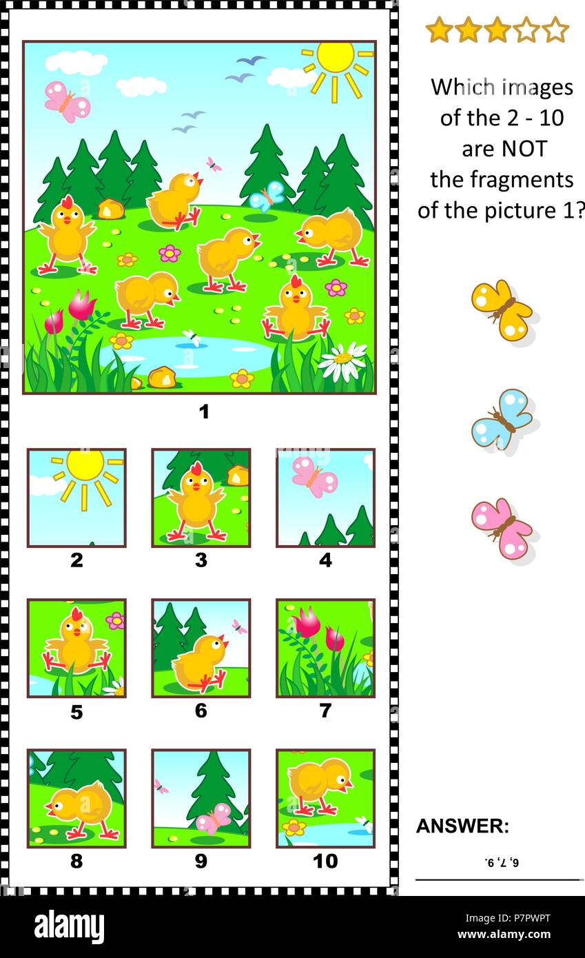 Spring, Easter or summer visual logic puzzle with happy playful chicks ...