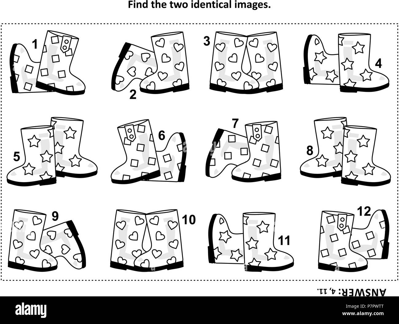 IQ training find the two identical pictures with gumboots visual puzzle ...