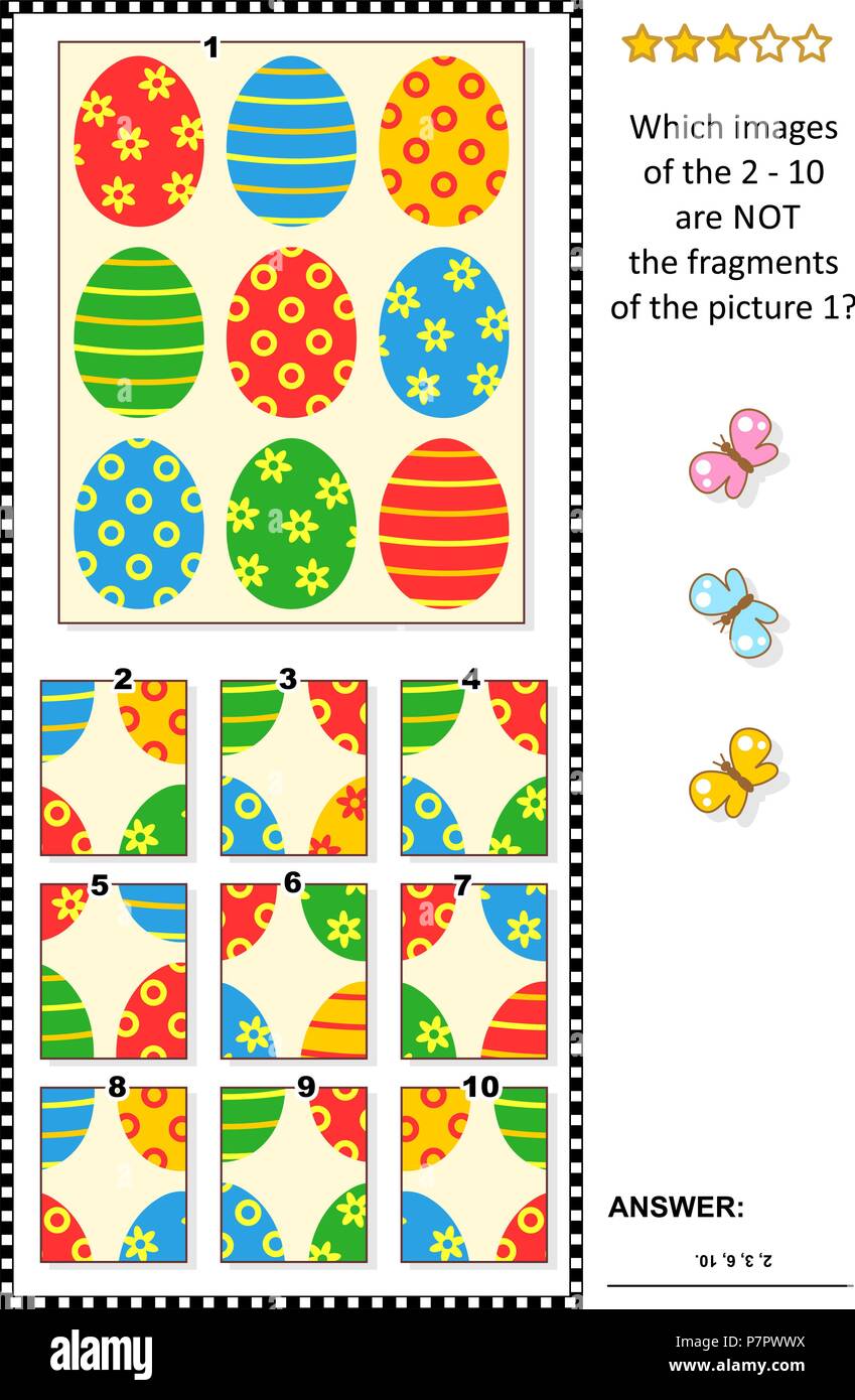 Easter holiday themed visual logic puzzle with painted eggs pattern ...