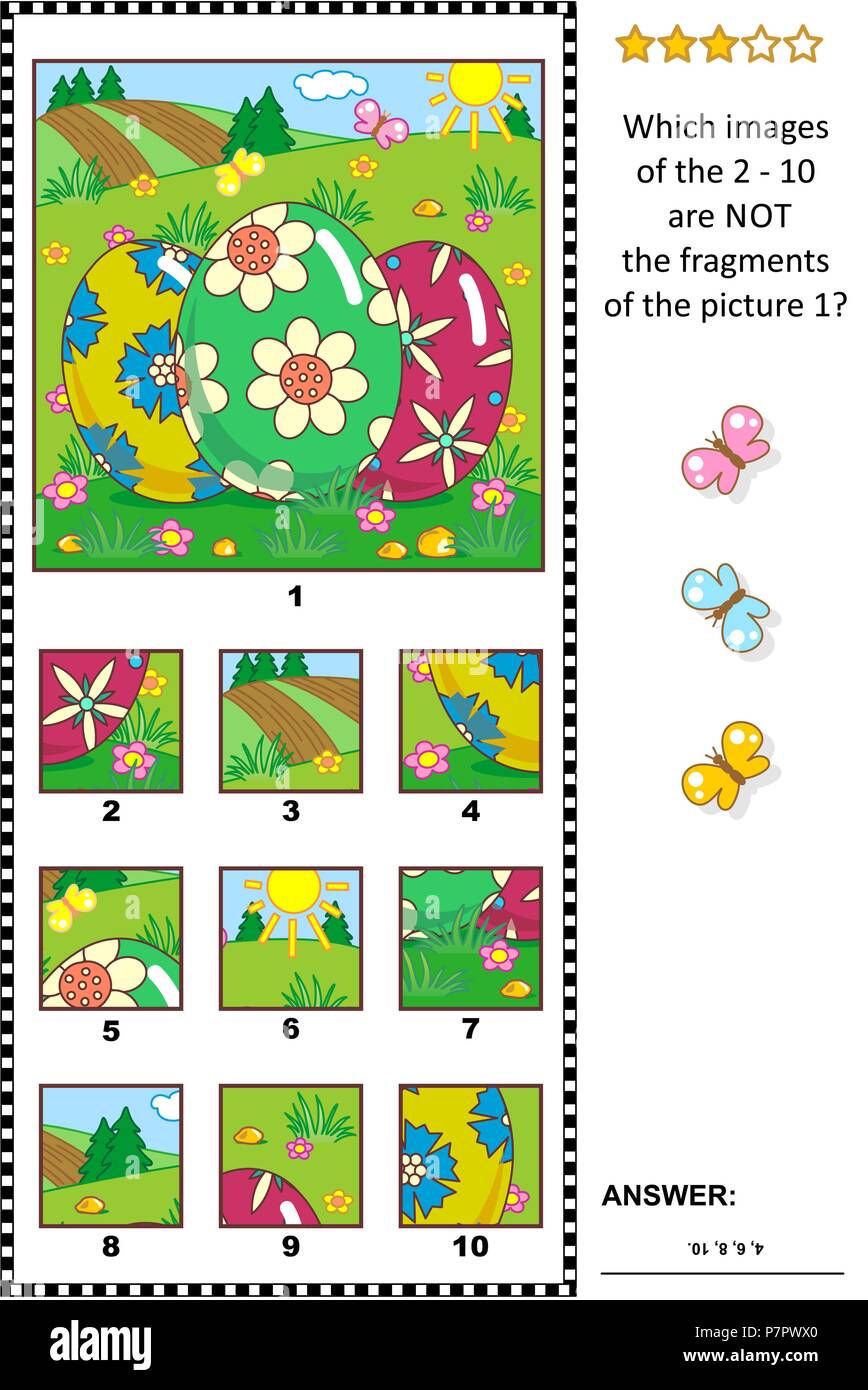 Easter holiday themed visual logic puzzle with three painted eggs and ...