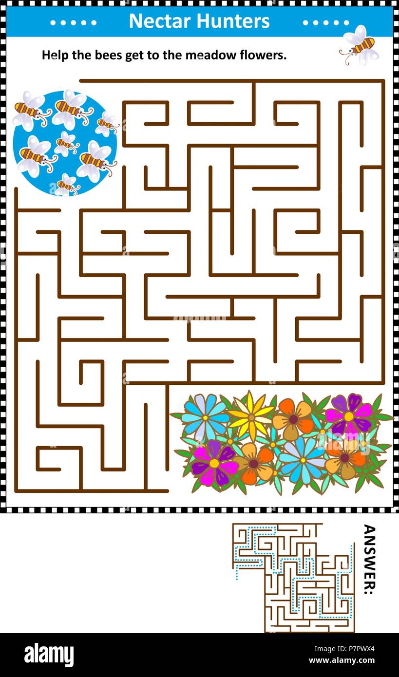 Maze game for children with bees the nectar hunters: Help the bees get ...