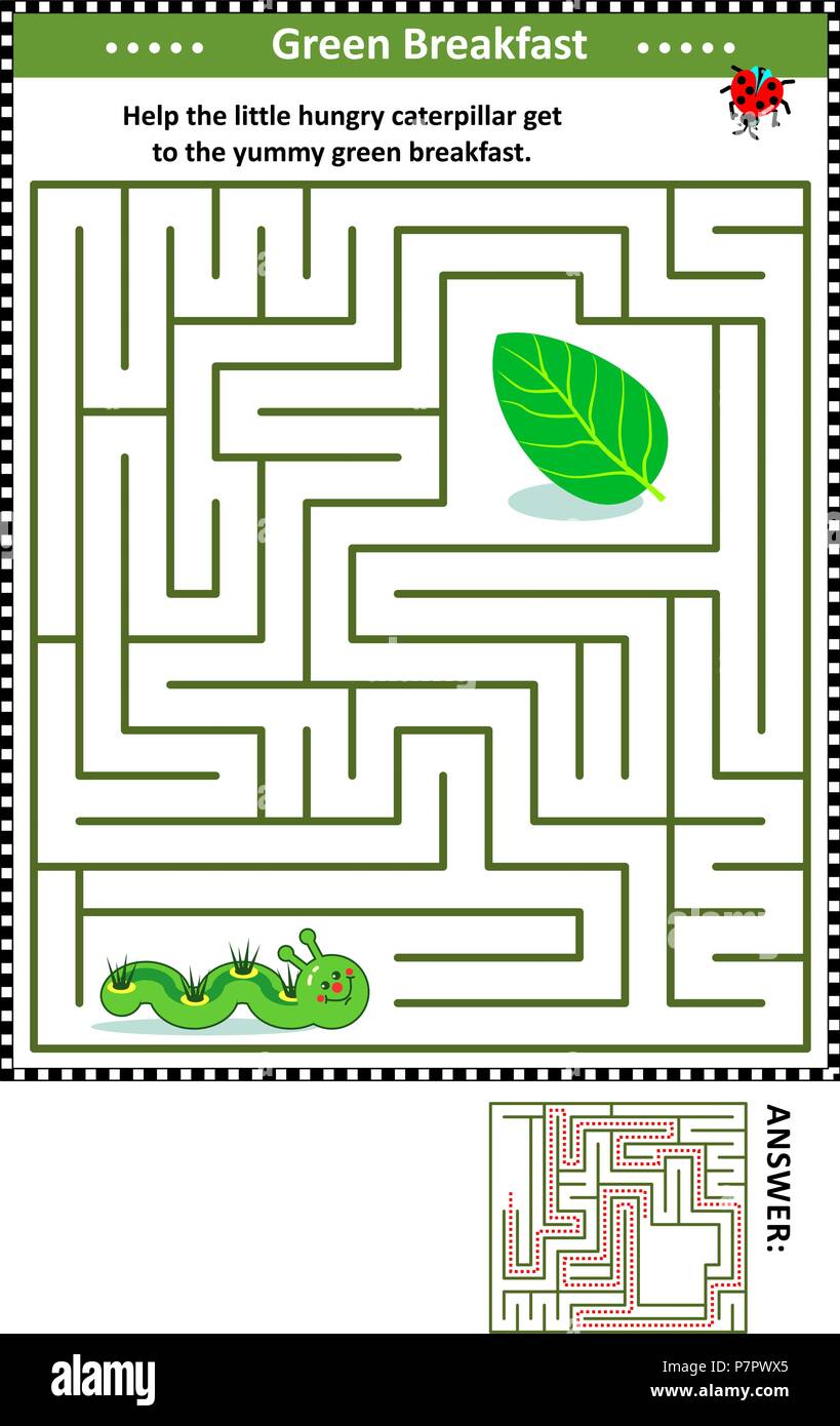 Maze game for children with leaf and caterpillar: Help the little ...