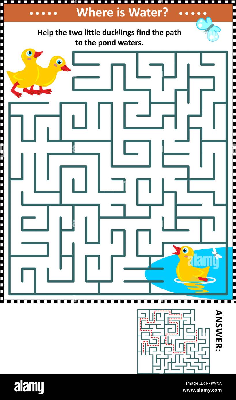 Maze game for children with little ducklings wanting to get to the pond ...