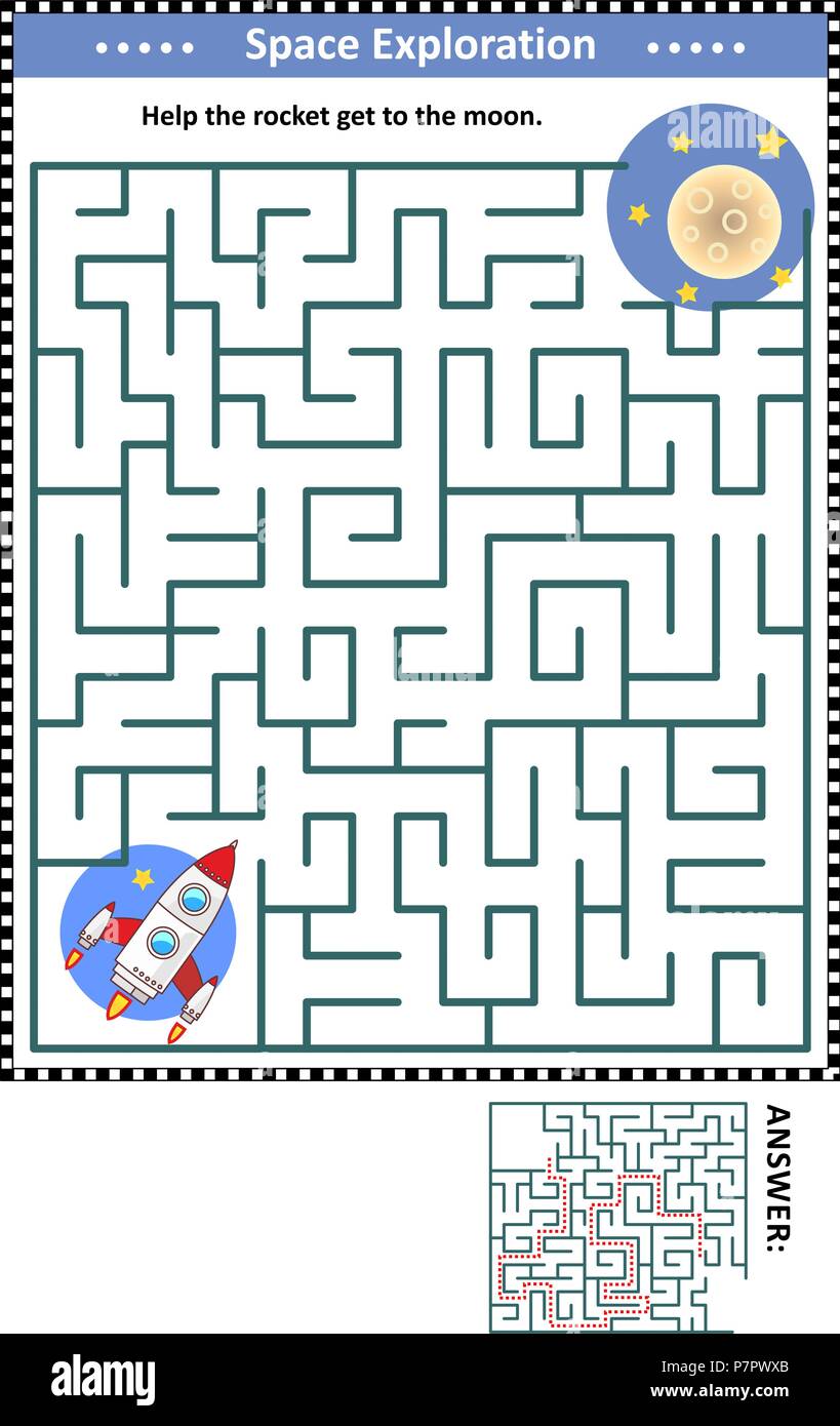 Space exploration themed maze game for children with rocket or ...