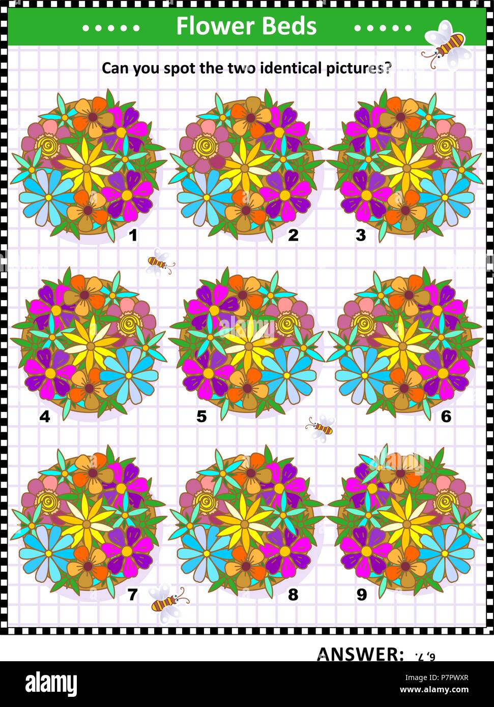Visual logic puzzle with flower beds: Can you find the two identical ...