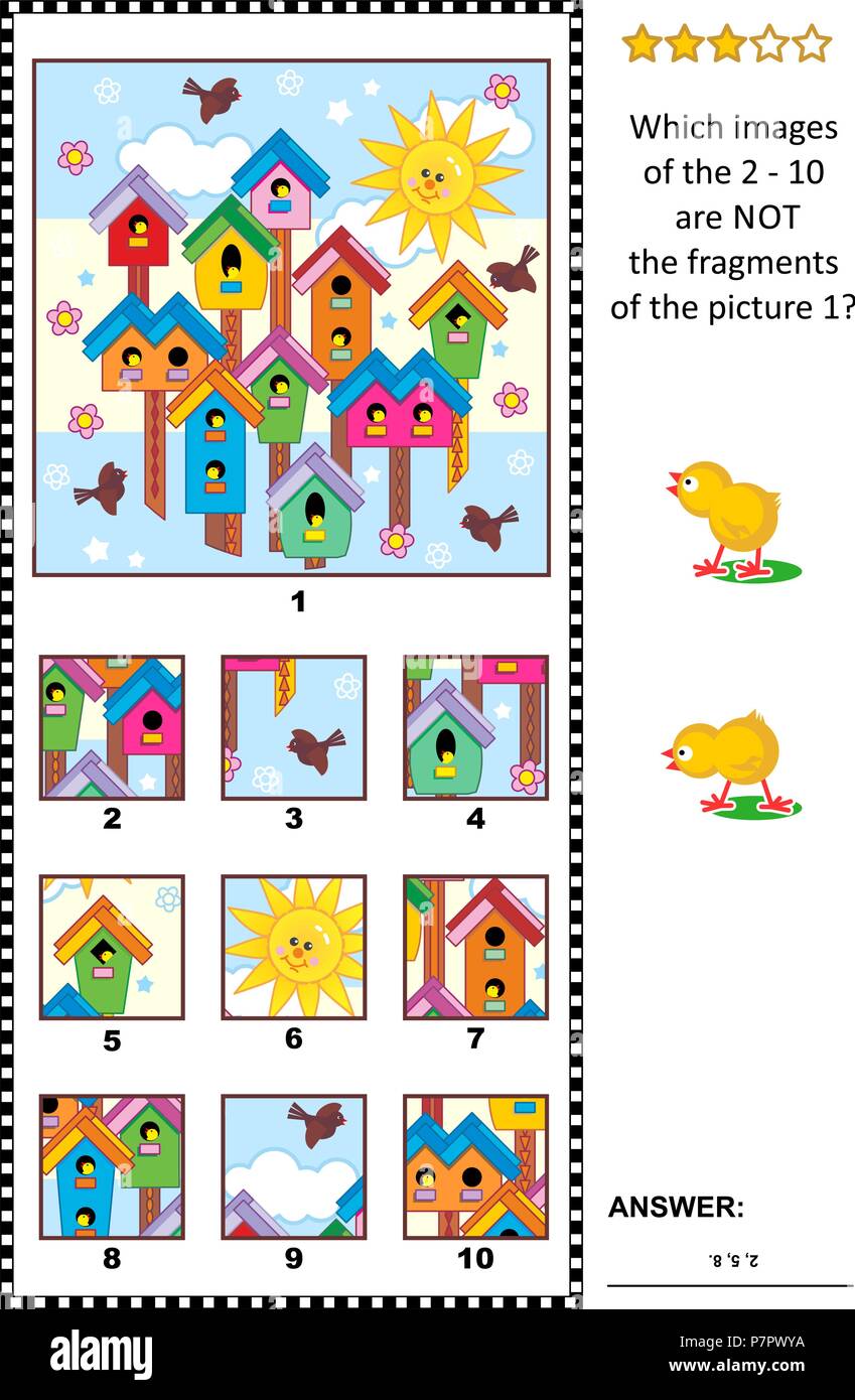 Spring visual logic puzzle with birdhouses, birds and nestlings early ...