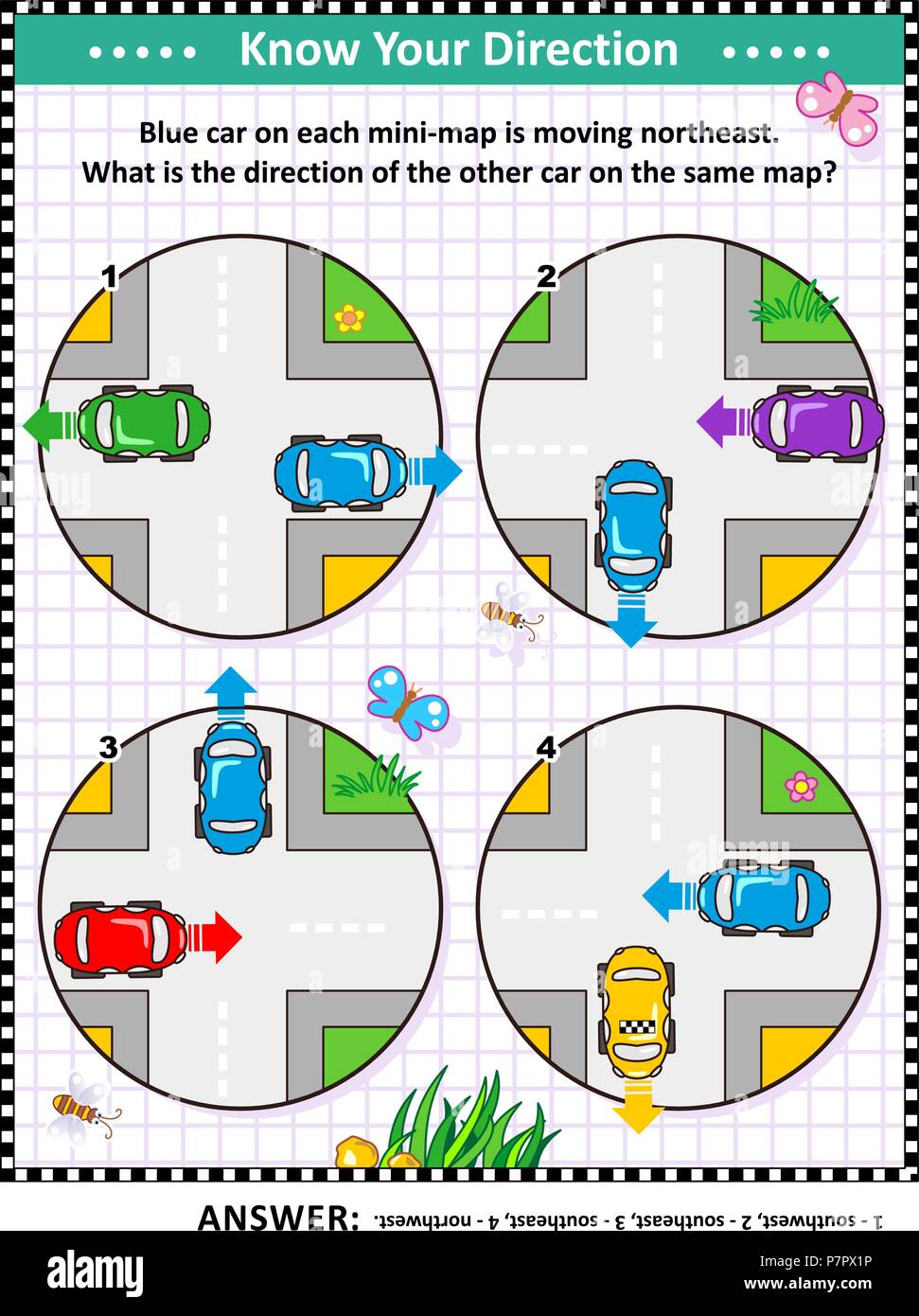 Map skills learning and training activity page or worksheet: Blue car ...